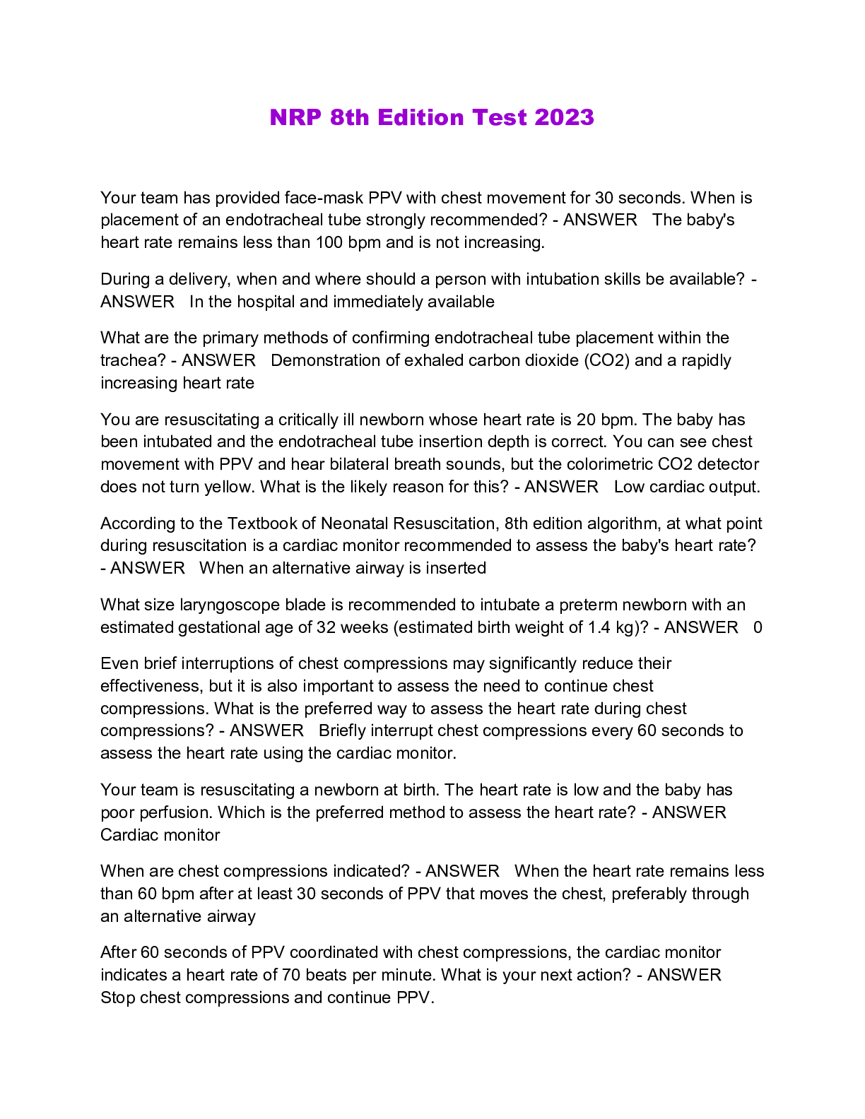 NRP 8th Edition Test 2023 - Scholarfriends