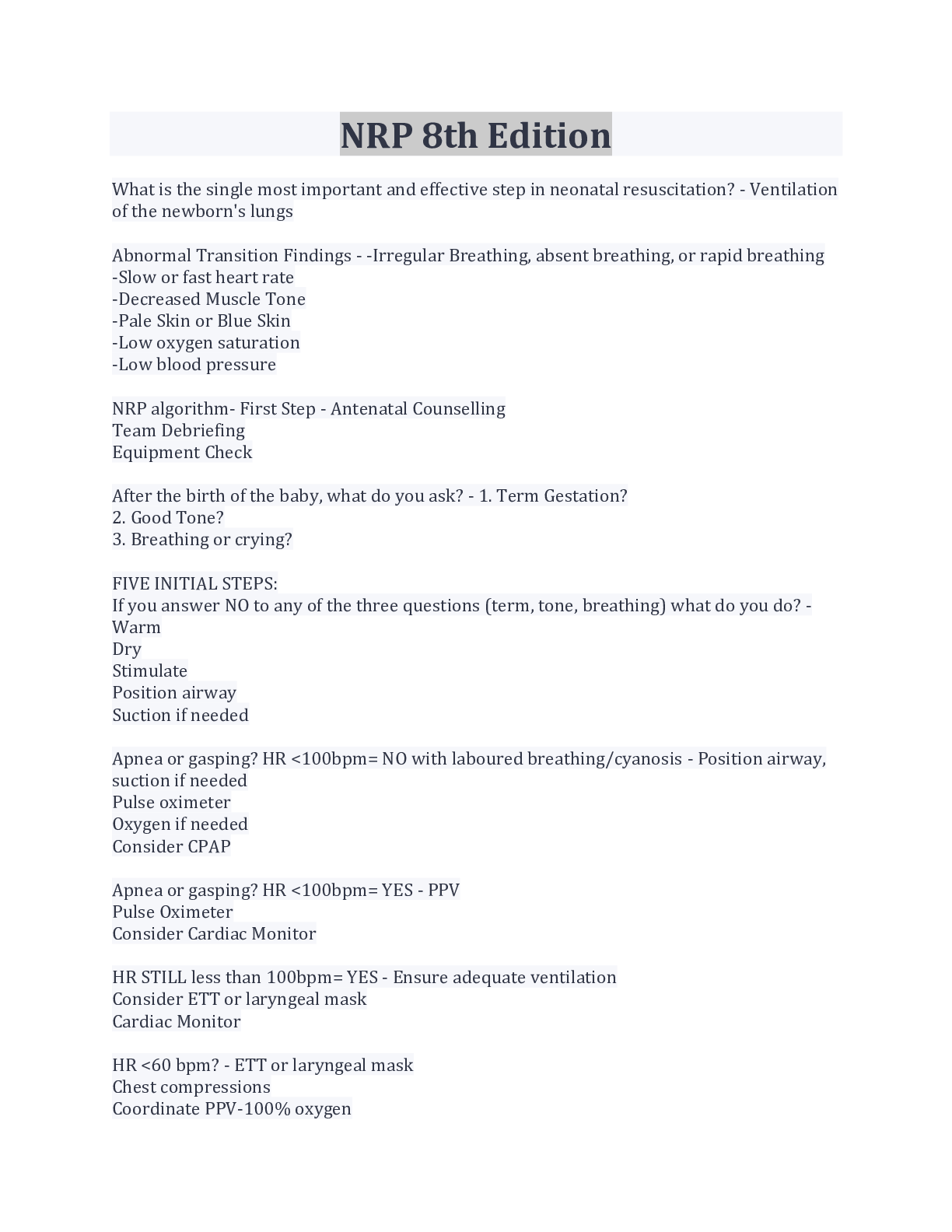 NRP 8th Edition, Ch 1-4. Questions and answers. 100% proven pass rate ...