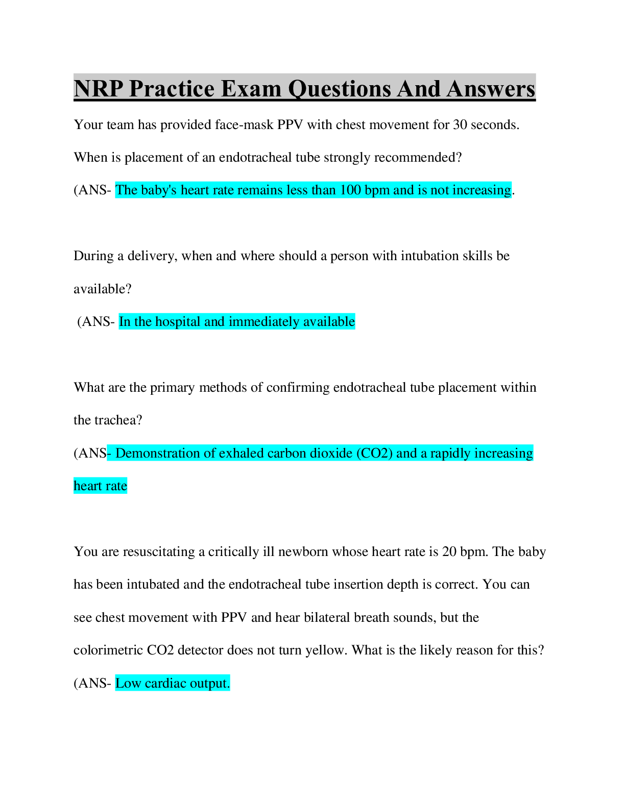 NRP Practice Exam Questions And Answers/Guaranteed A+ /Latest Updated ...