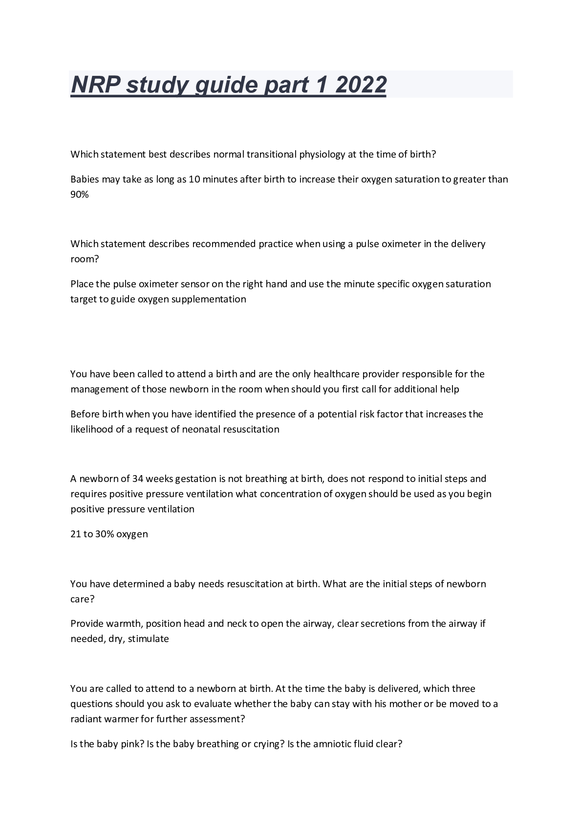 NRP study guide part 1 2022 - Scholarfriends