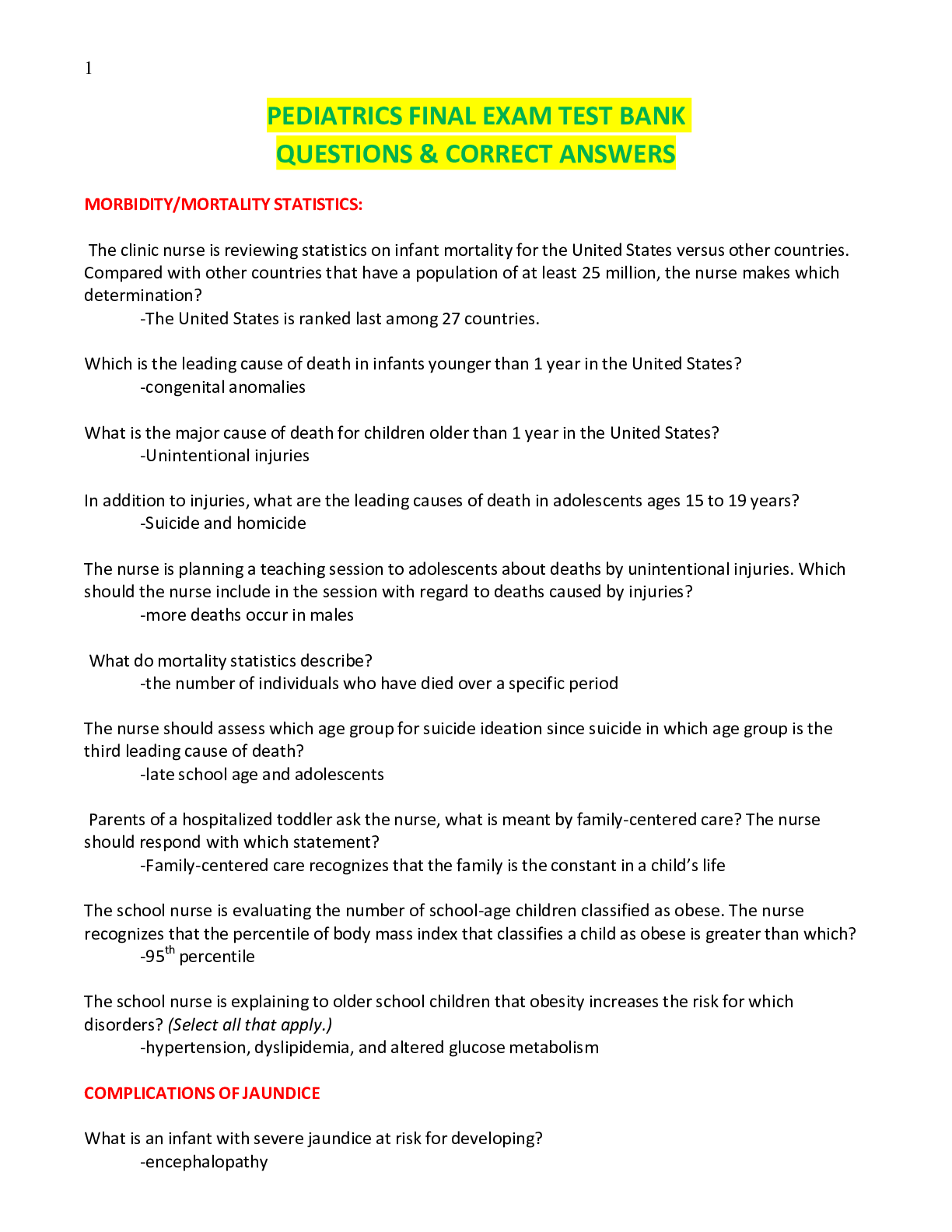 NRSG 4502: PEDIATRICS FINAL EXAM TEST BANK QUESTIONS & CORRECT ANSWERS ...