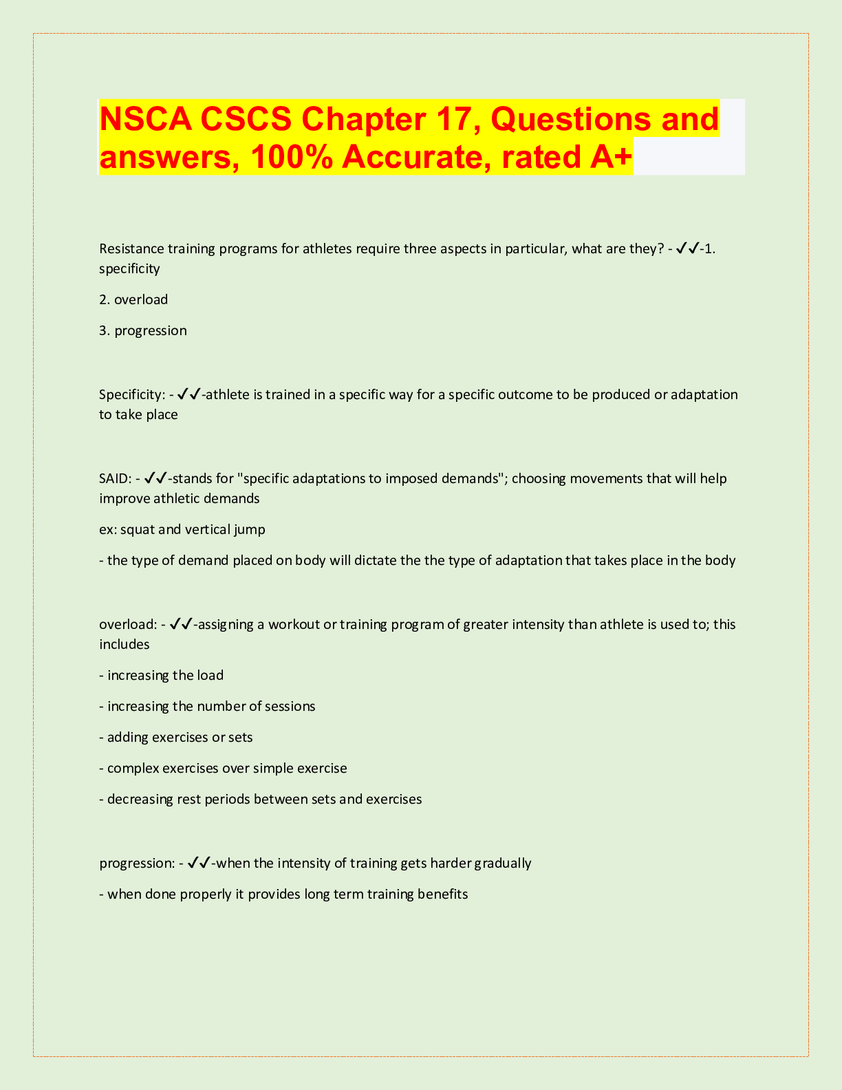 NSCA CSCS Chapter 17, Questions and answers, 100% Accurate, rated A+ ...