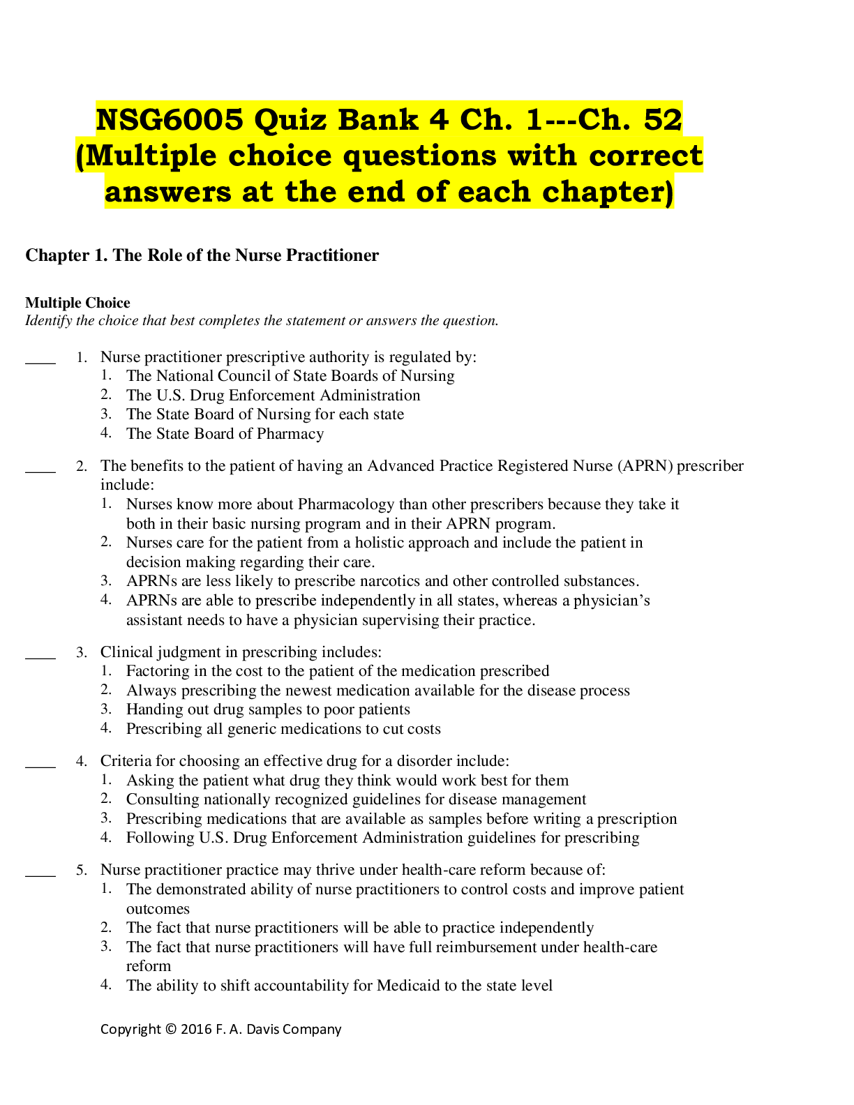 NSG6005 Quiz Bank 4 Ch. 1---Ch. 52 (Multiple choice questions with ...