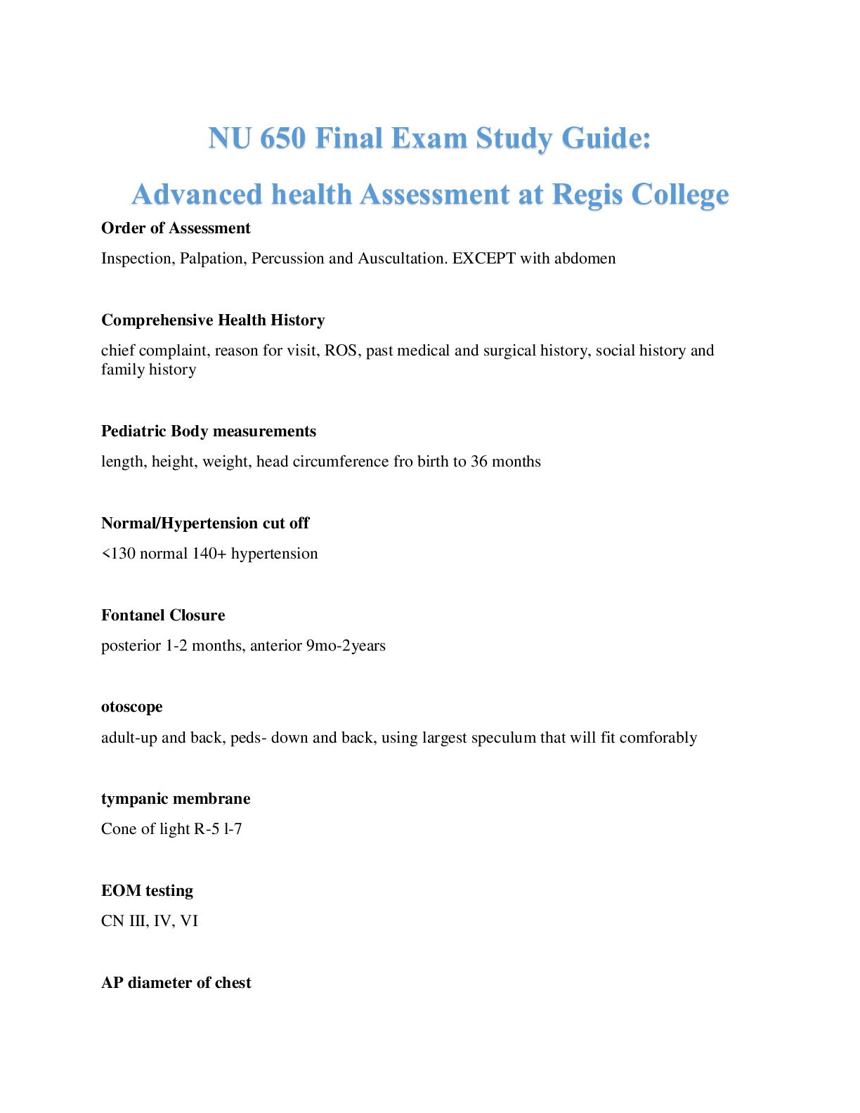 NU 650 Advanced health Assessment Final Exam Study Guide_Regis College ...