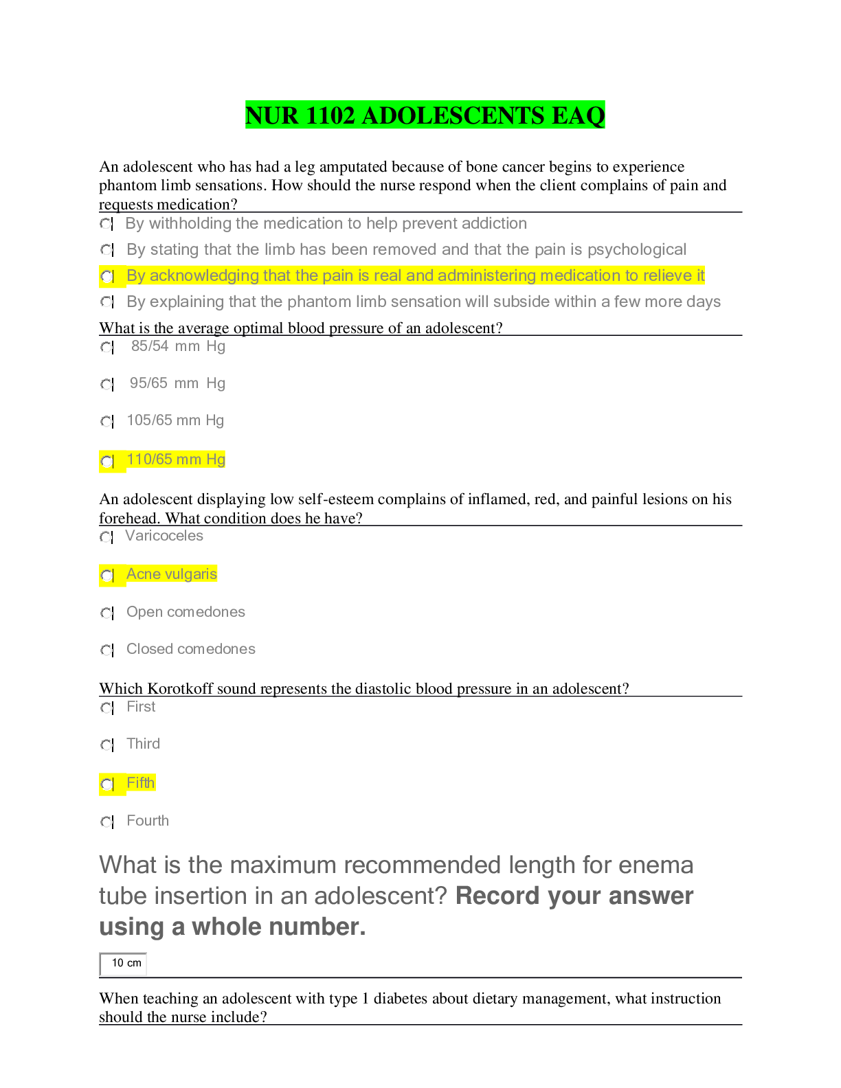 NUR 1102 ADOLESCENTS EXAM EAQ LATEST AND VERIFIED 2023 - Scholarfriends