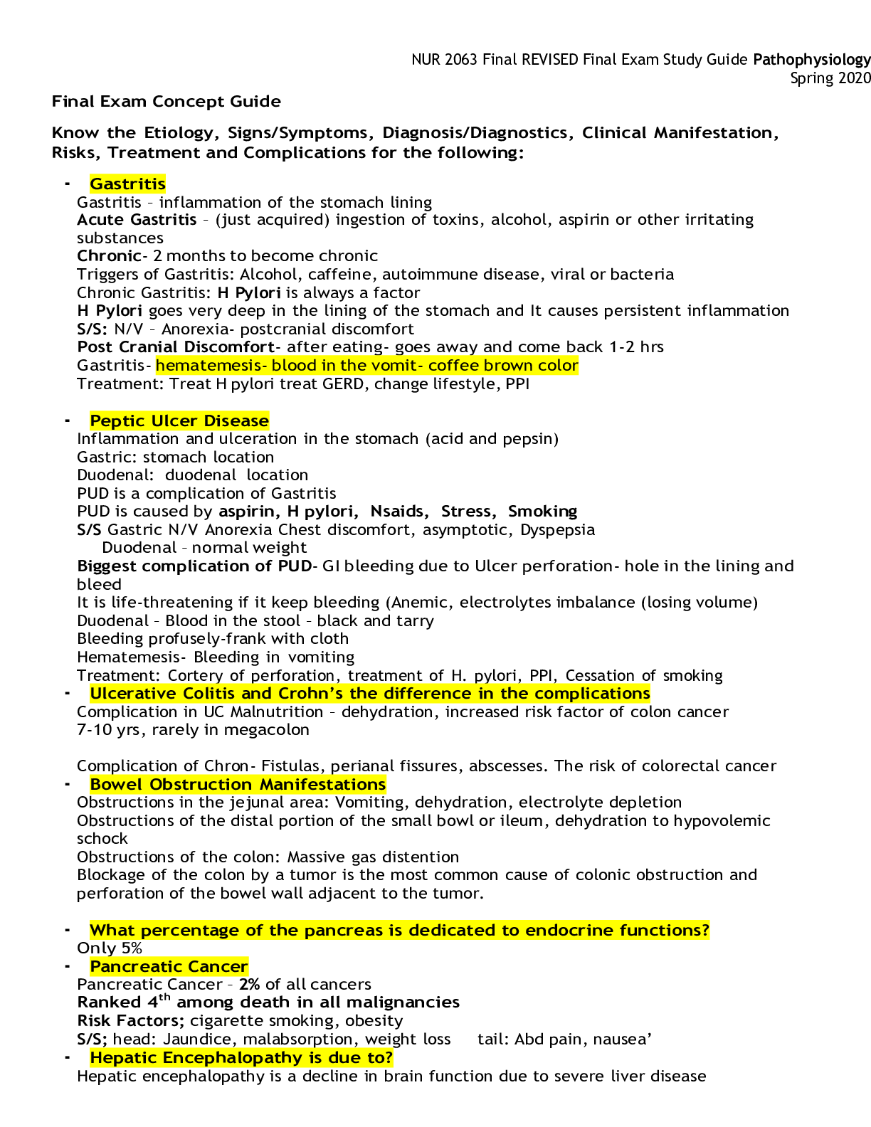 NUR 2063 Final REVISED Final Exam Study Guide Pathophysiology Spring ...