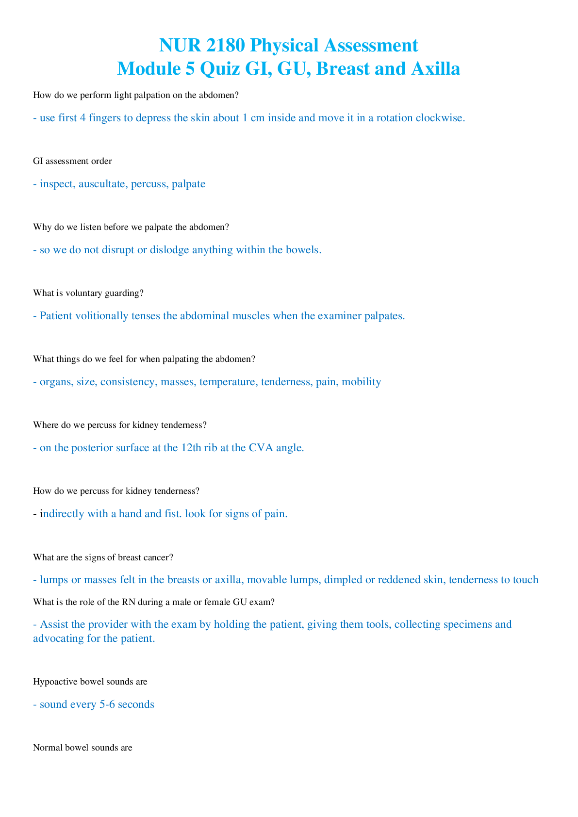 NUR 2180 / NUR2180: Physical Assessment Module 5 Quiz -GI,GU,Breast and ...