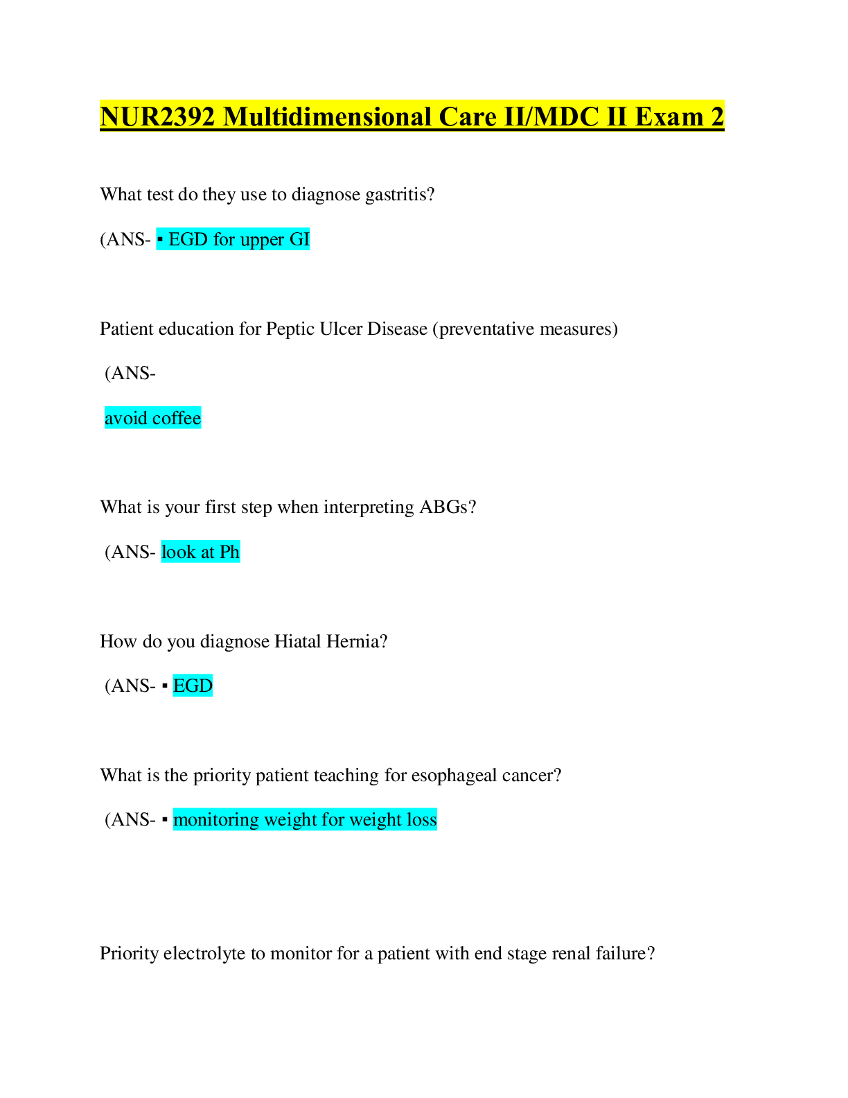 NUR2392 Multidimensional Care II/MDC II Exam 2/Questions & Answers ...