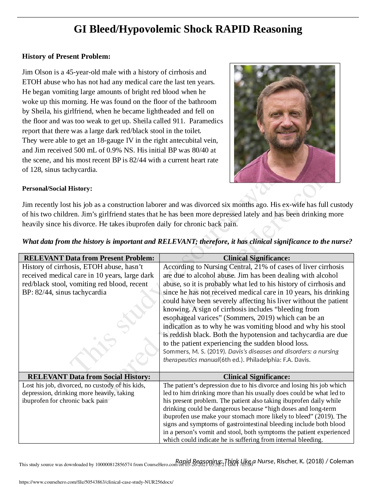 NUR256 Jim Olson Sepsis clinical case study GI Bleed/Hypovolemic Shock ...
