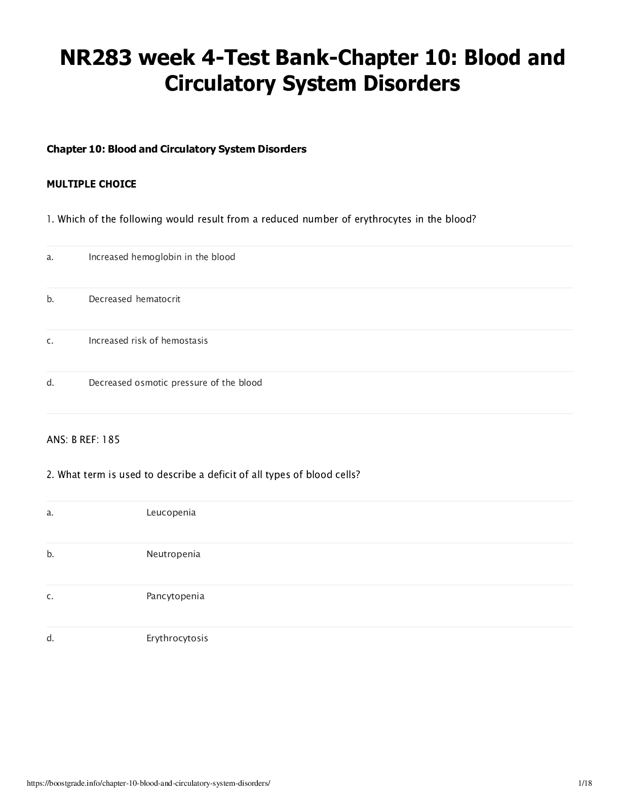 NR283 week 4-Test Bank-Chapter 10: Blood and Circulatory System ...