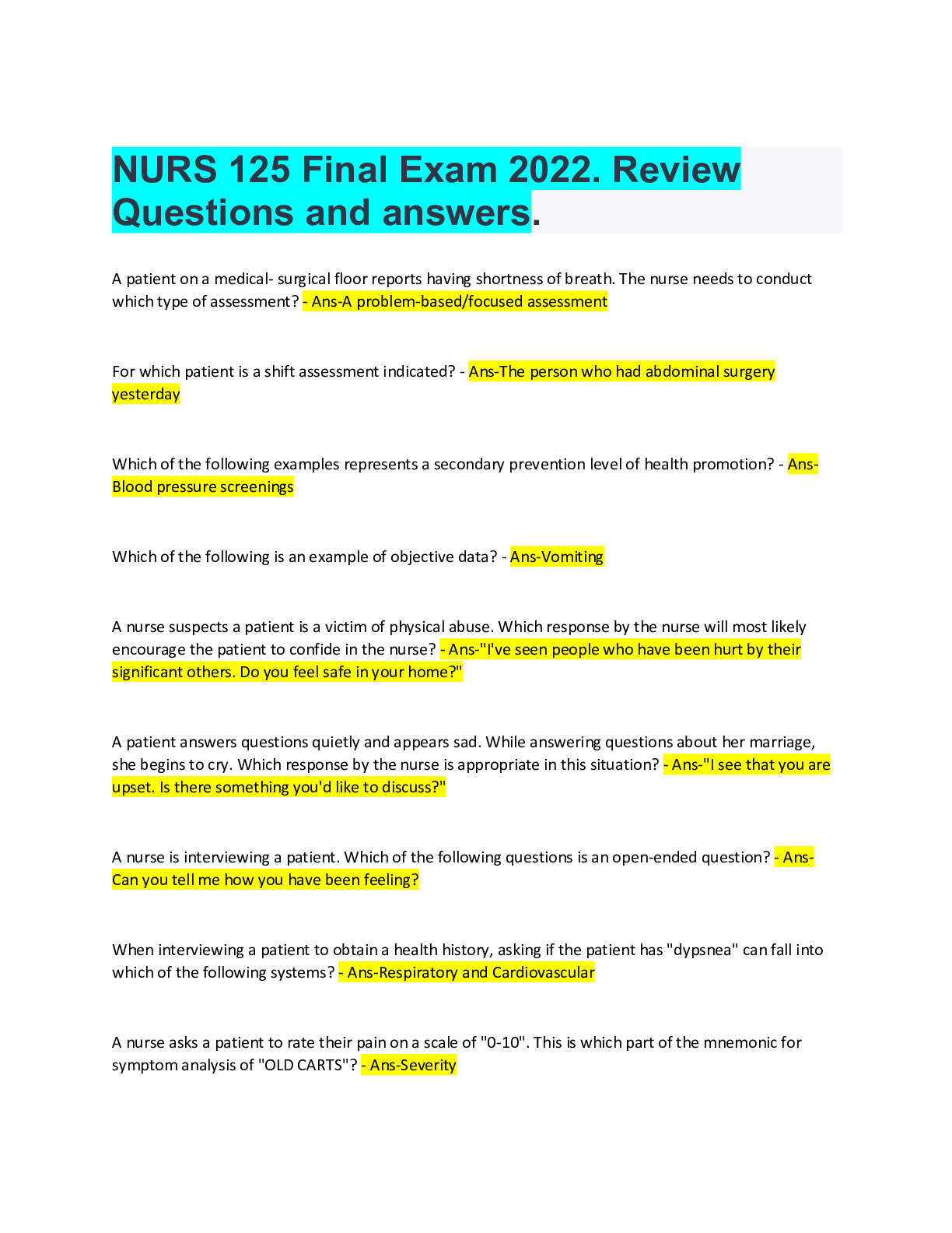 NURS 125 Final Exam 2022. Review Questions and answers ...