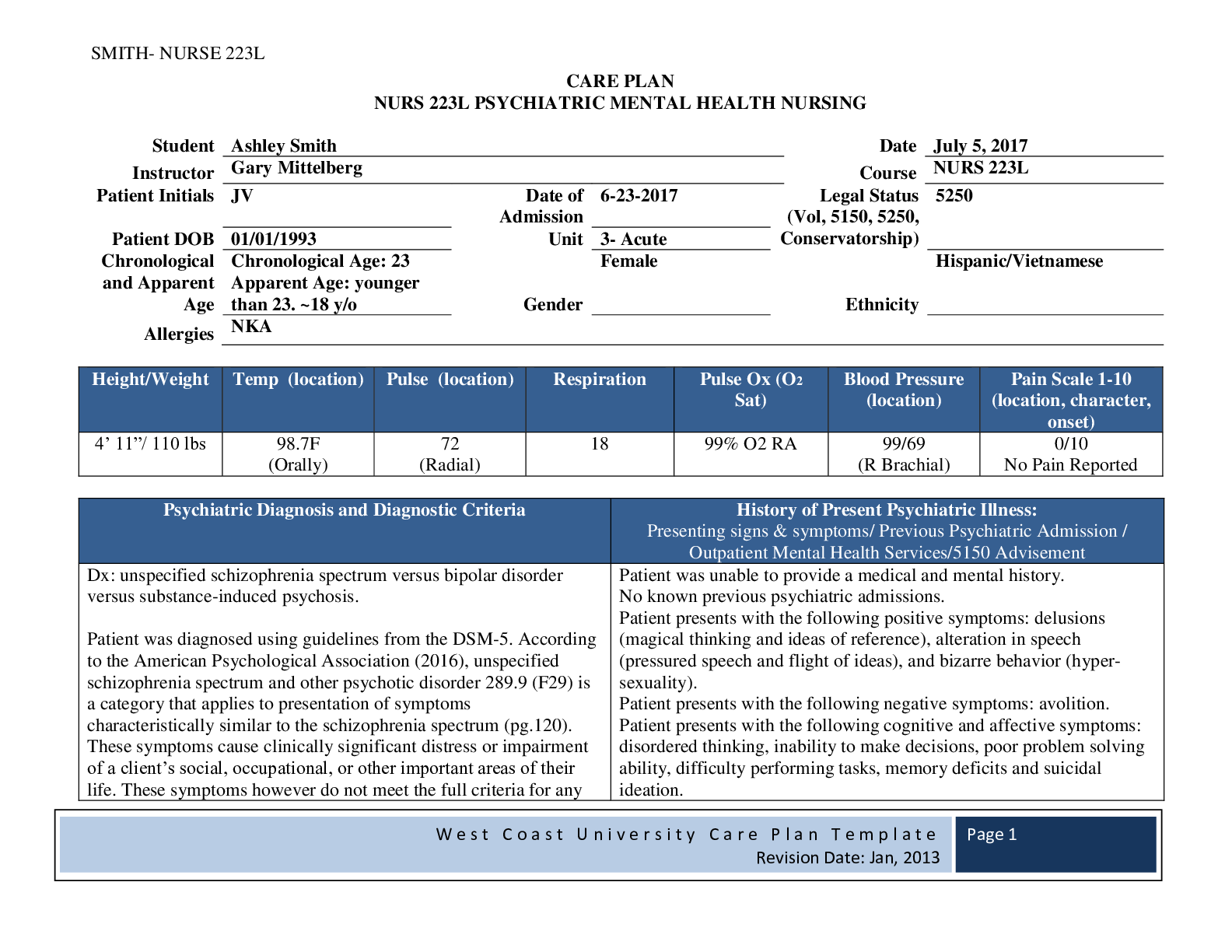 NURS 223L PSYCHIATRIC MENTAL HEALTH NURSING CARE PLAN - Scholarfriends
