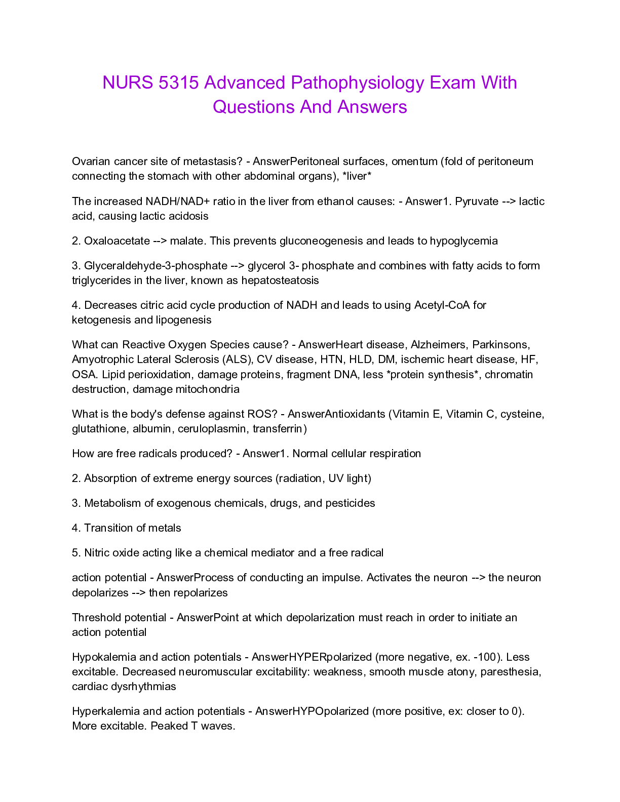 NURS 5315 Advanced Pathophysiology Exam With Questions And Answers ...