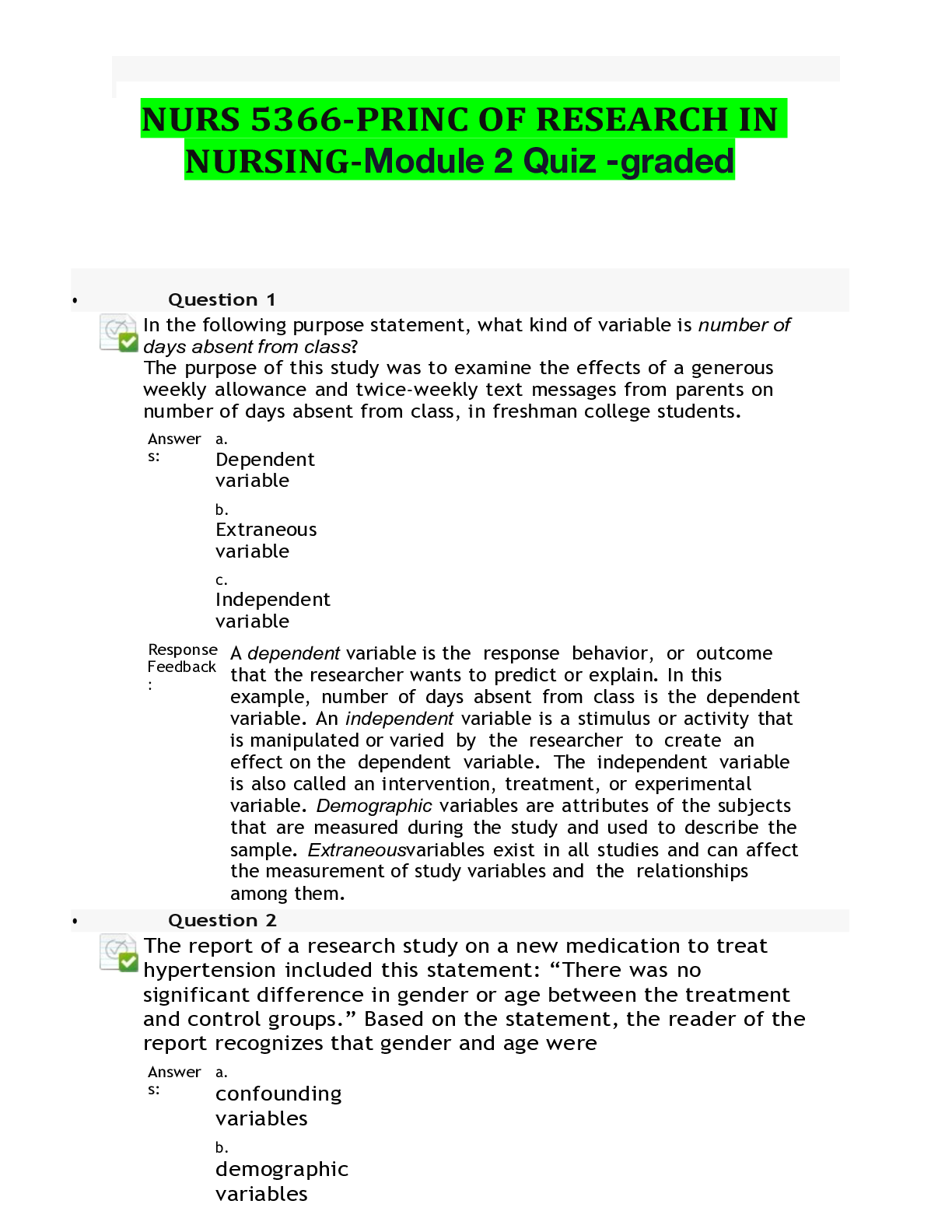 NURS 5366-PRINC OF RESEARCH IN NURSING-Module 2 Quiz -graded ...