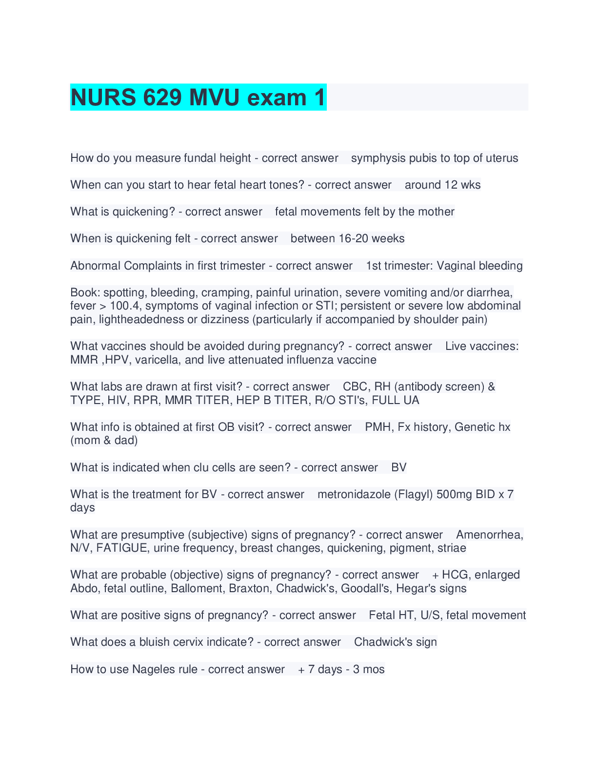 NURS 629 MVU Exam 1 - Questions and Answers - Scholarfriends