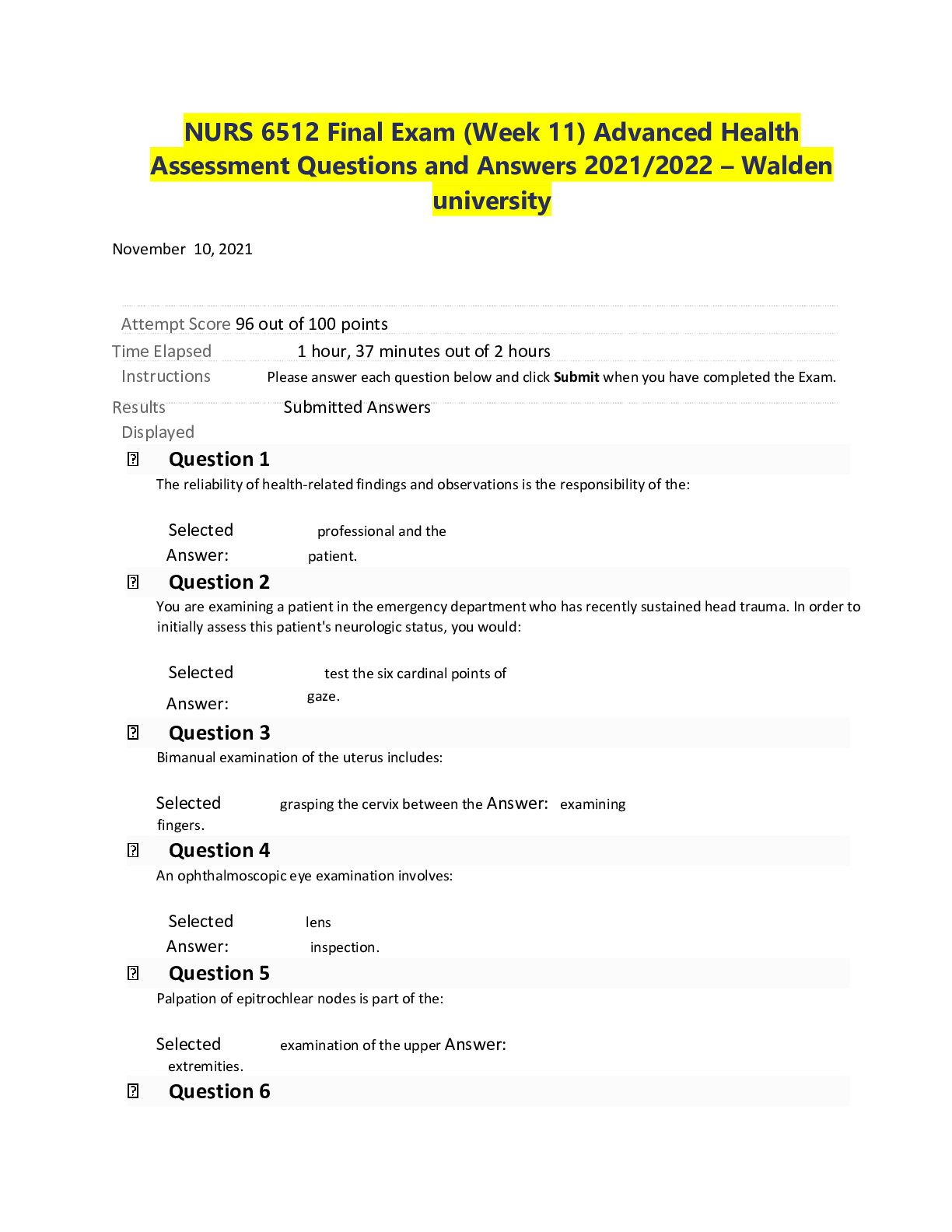 NURS 6512 Final Exam (Week 11) Advanced Health Assessment Questions and ...
