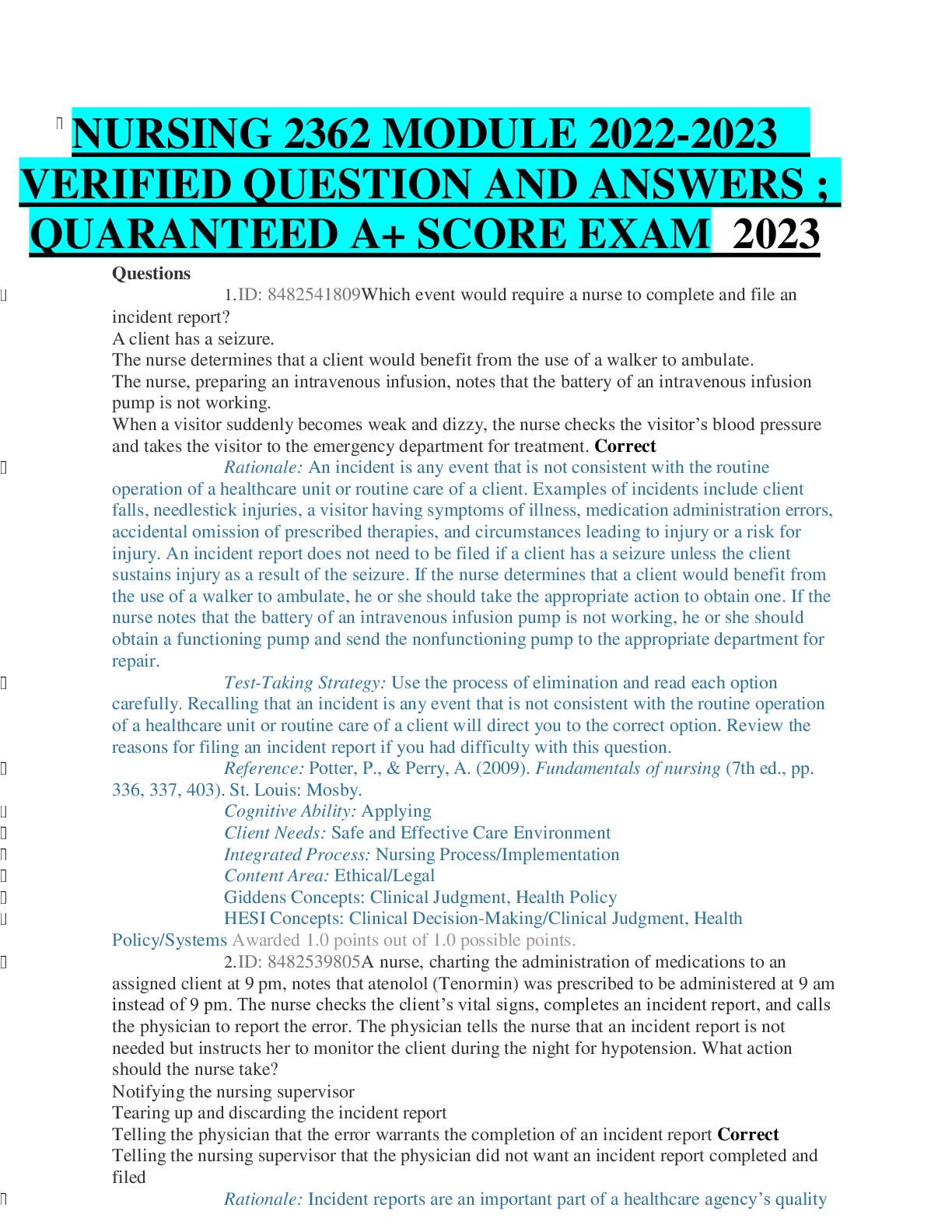 NURSING 2362 MODULE 2022-2023 VERIFIED QUESTION AND ANSWERS ...