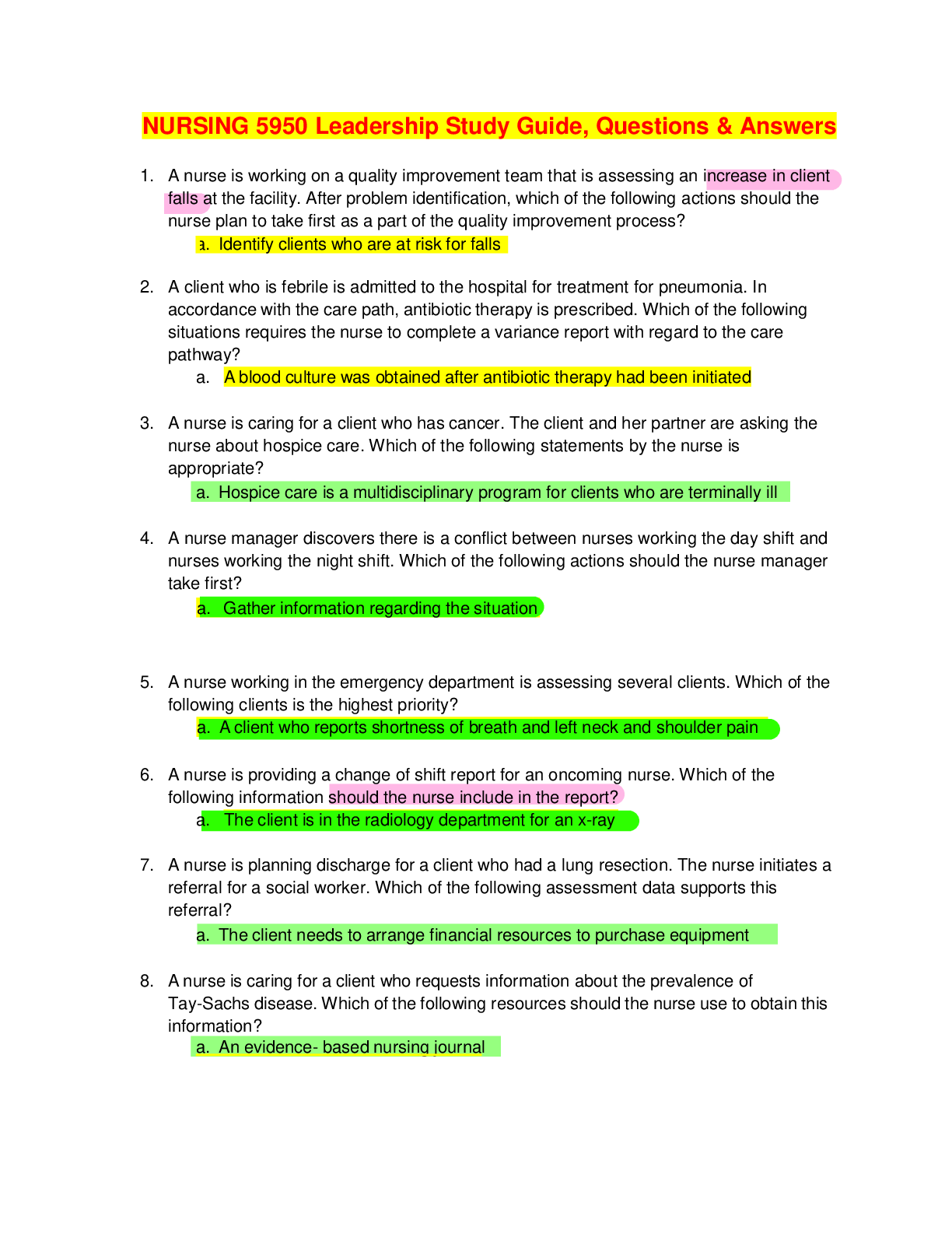 NURSING 5950 Leadership Study Guide, Questions & Answers - Scholarfriends