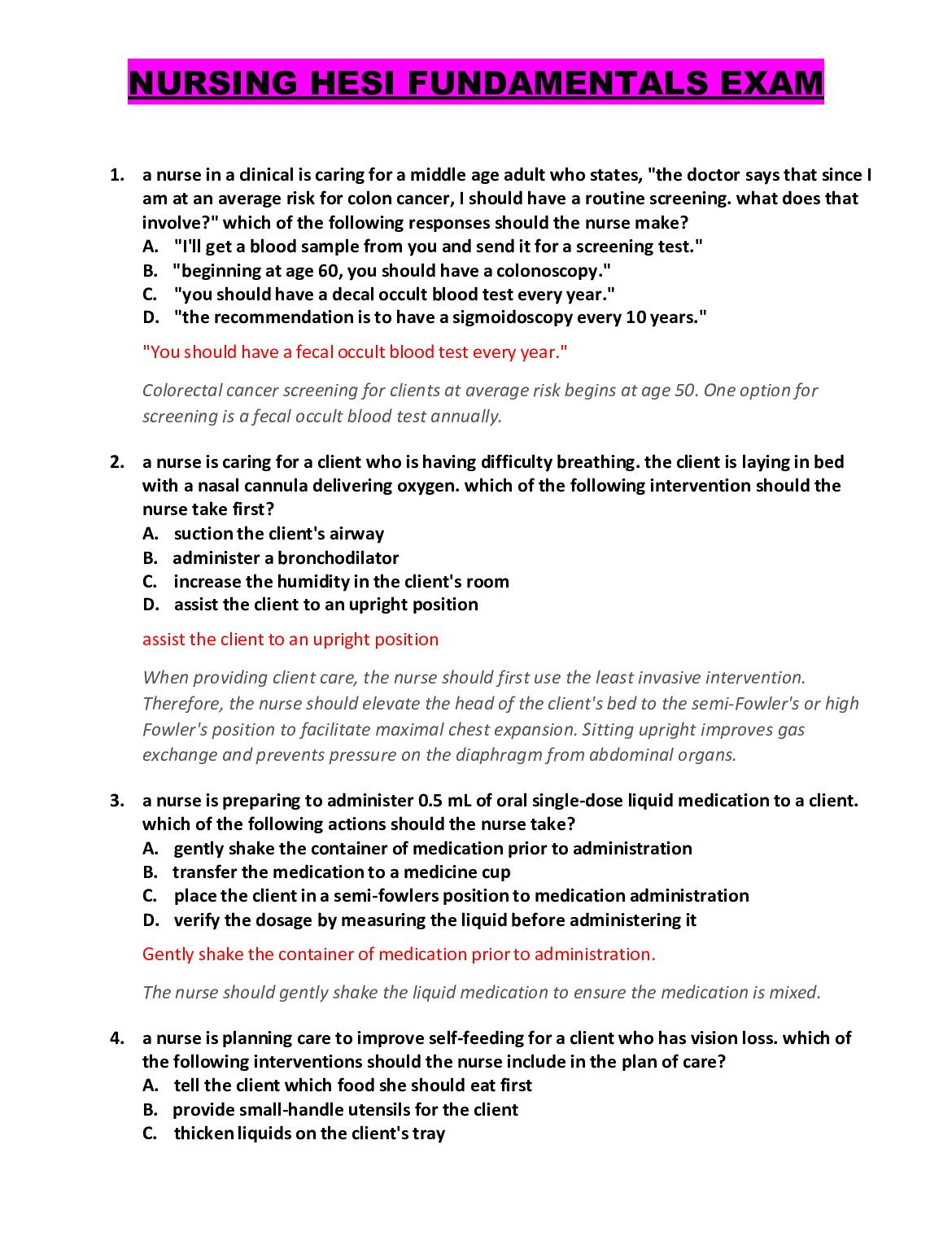 NURSING HESI FUNDAMENTALS EXAM - Scholarfriends