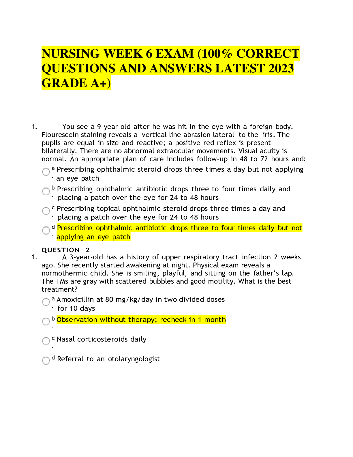 NURSING OBGYN EXAM (100% CORRECT QUESTIONS AND ANSWERS LATEST 2023 ...
