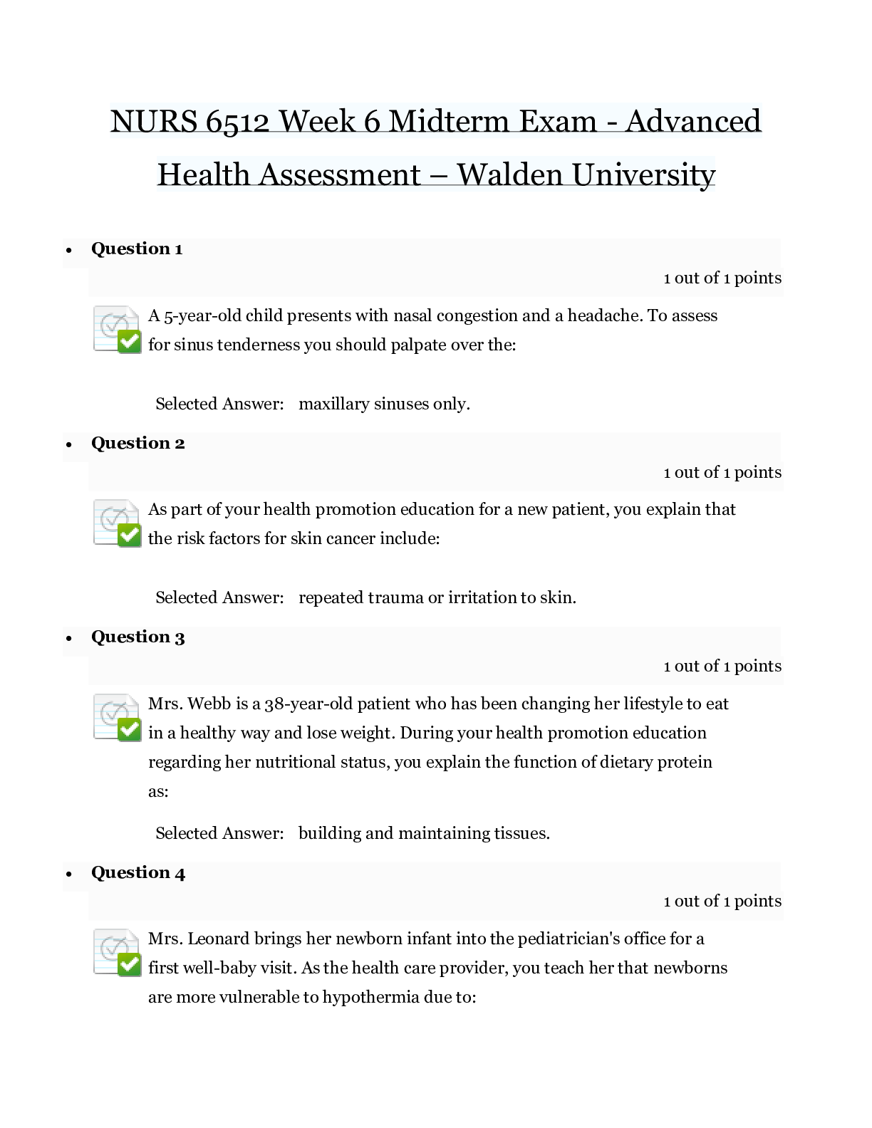 NURS 6512 Week 6 Midterm Exam Advanced Health Assessment Walden ...