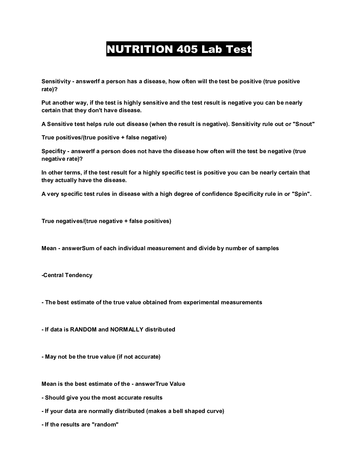 NUTRITION 405 Lab Test - Scholarfriends