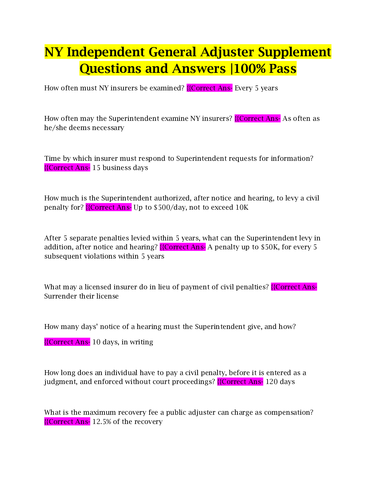 NY Independent General Adjuster Supplement Questions and Answers |100% ...