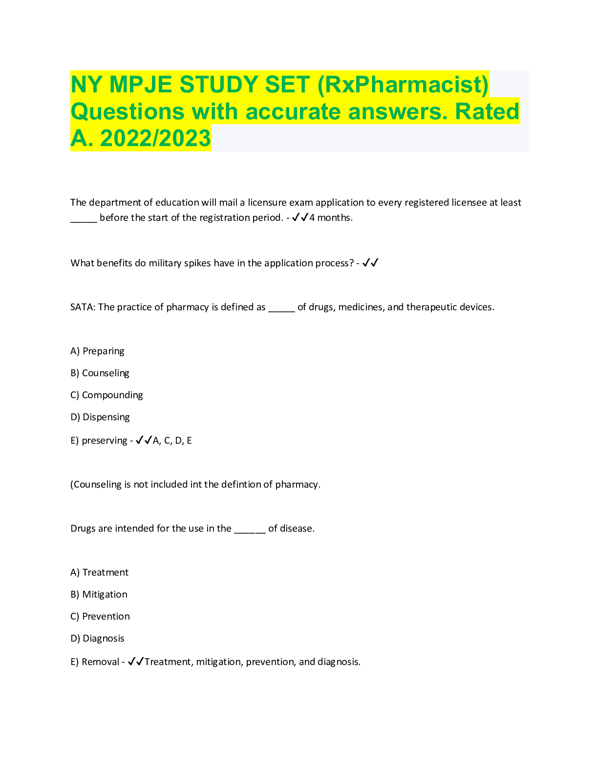 NY MPJE STUDY SET (RxPharmacist) QUESTIONS WITH COMPLETE SOLUTIONS ...