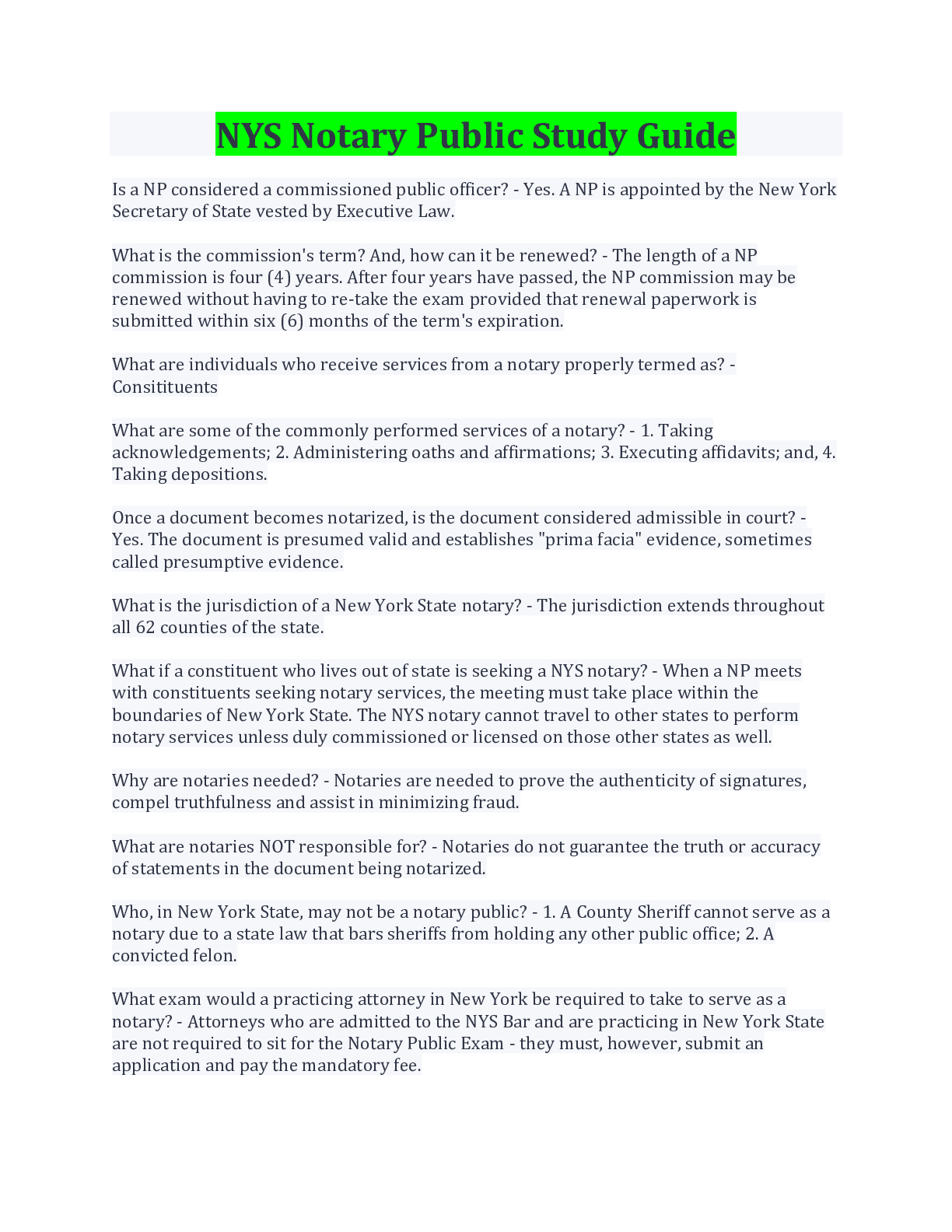 NYS Notary Public Study Guide Questions With Answers 2022 - Scholarfriends