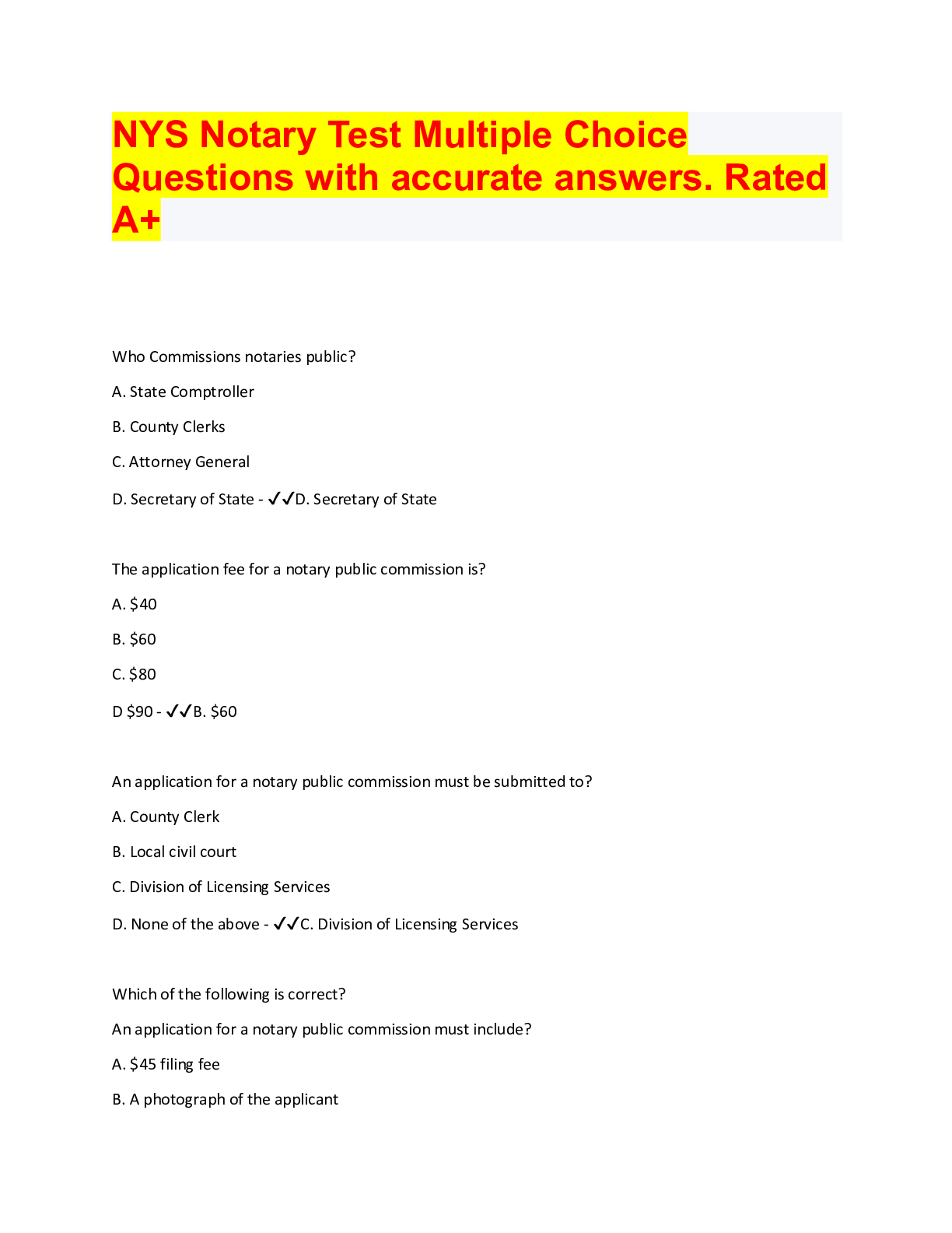 NYS Notary Test Multiple Choice Questions with accurate answers. Rated ...