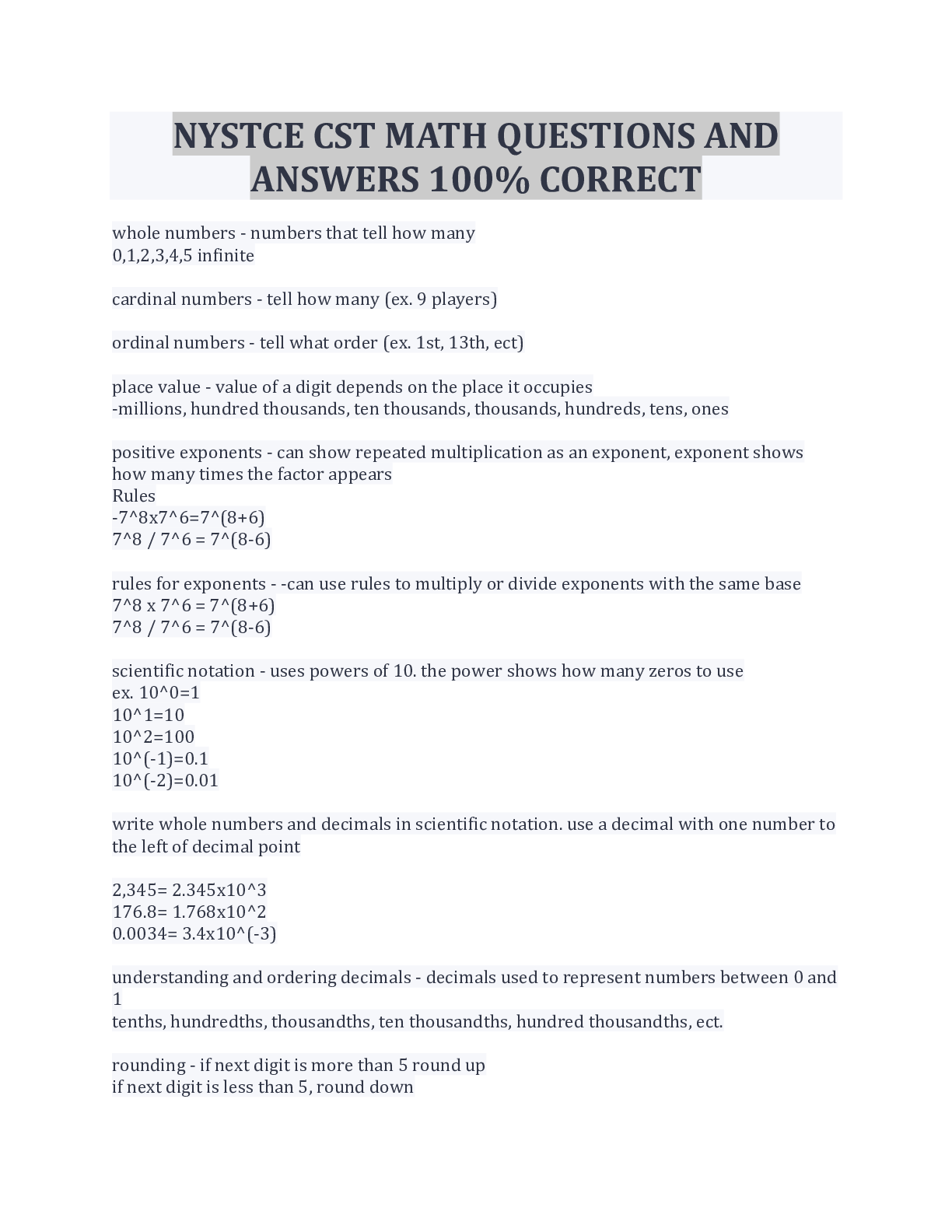 NYSTCE CST MATH QUESTIONS AND ANSWERS 100% CORRECT - Scholarfriends