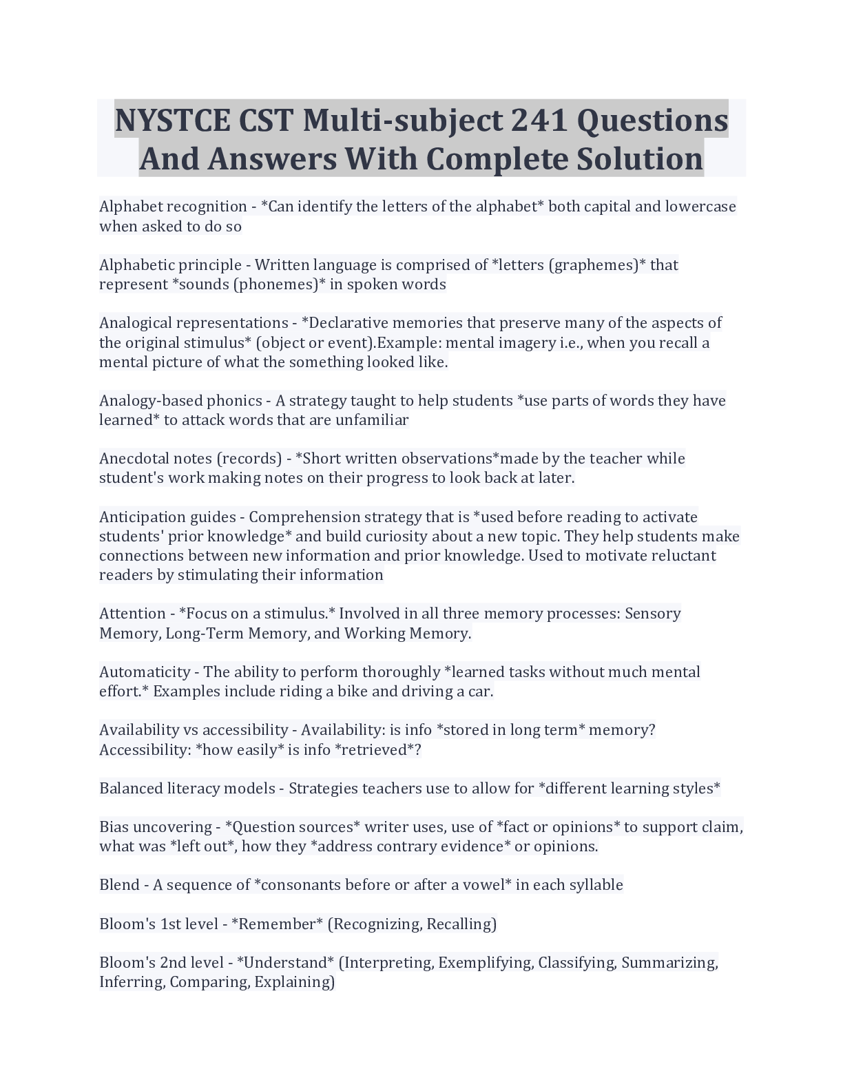 NYSTCE CST Multi-subject 241 Questions And Answers With Complete ...