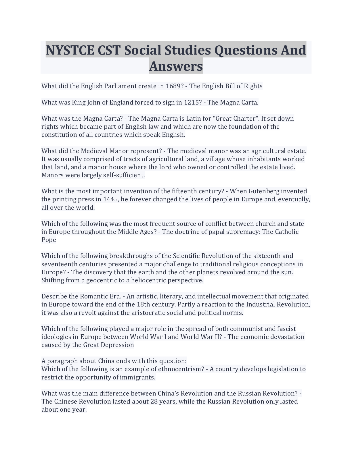 NYSTCE CST Social Studies Questions And Answers - Scholarfriends