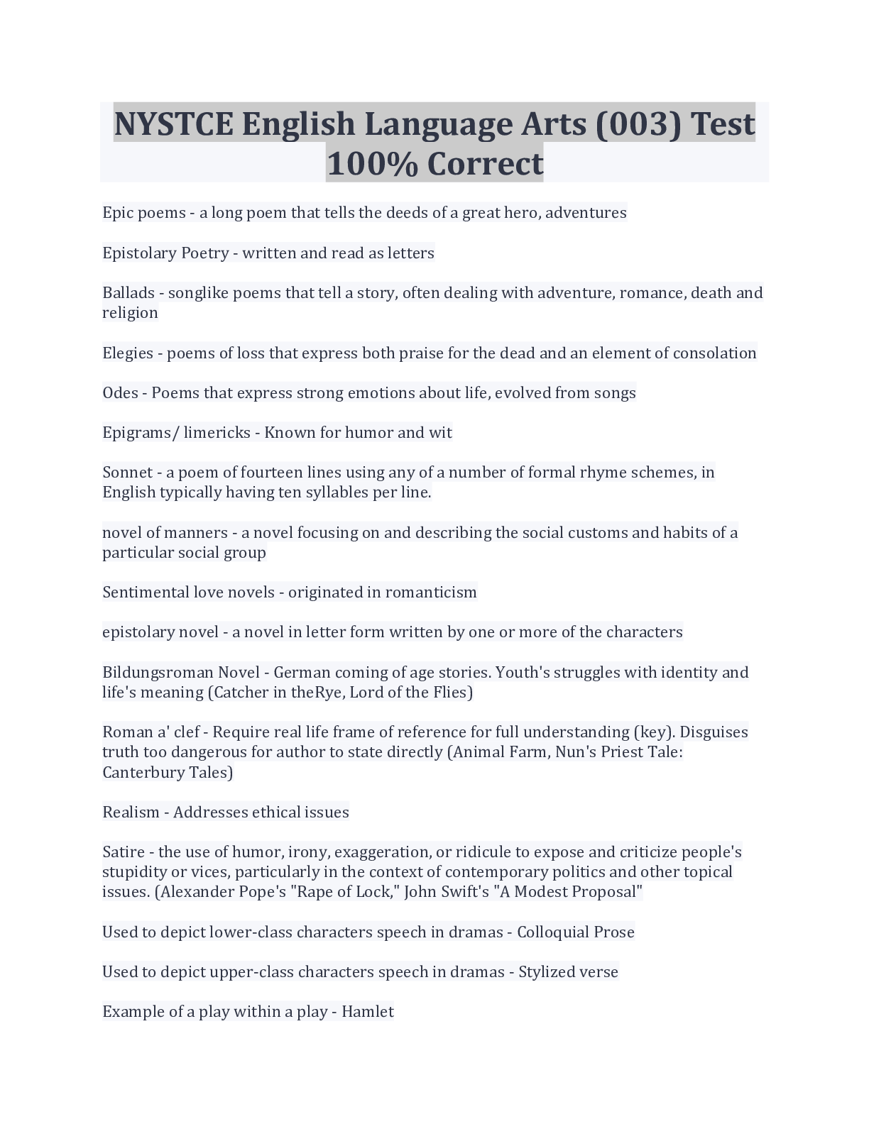 NYSTCE English Language Arts (003) Test 100% Correct - Scholarfriends