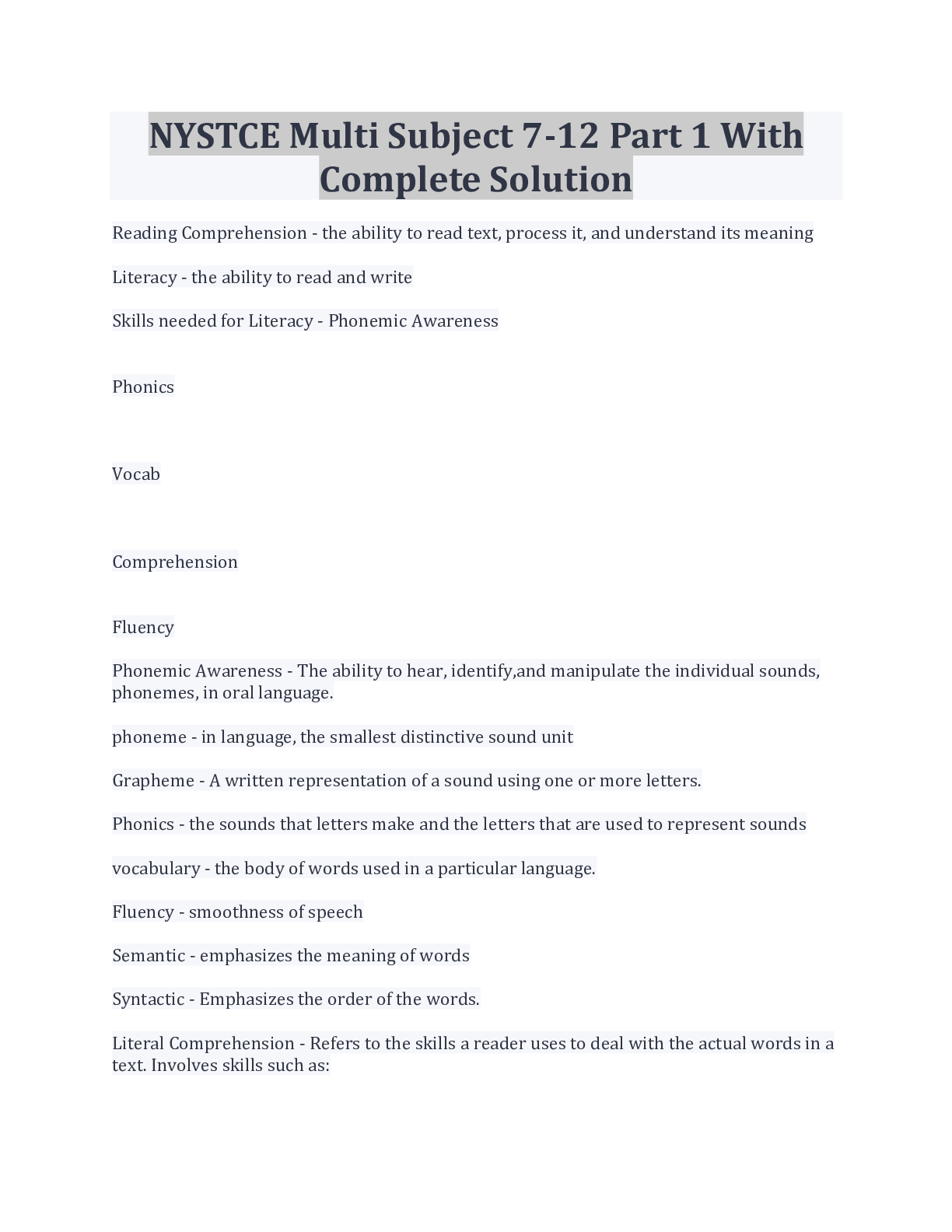 NYSTCE Multi Subject 7-12 Part 1 With Complete Solution - Scholarfriends