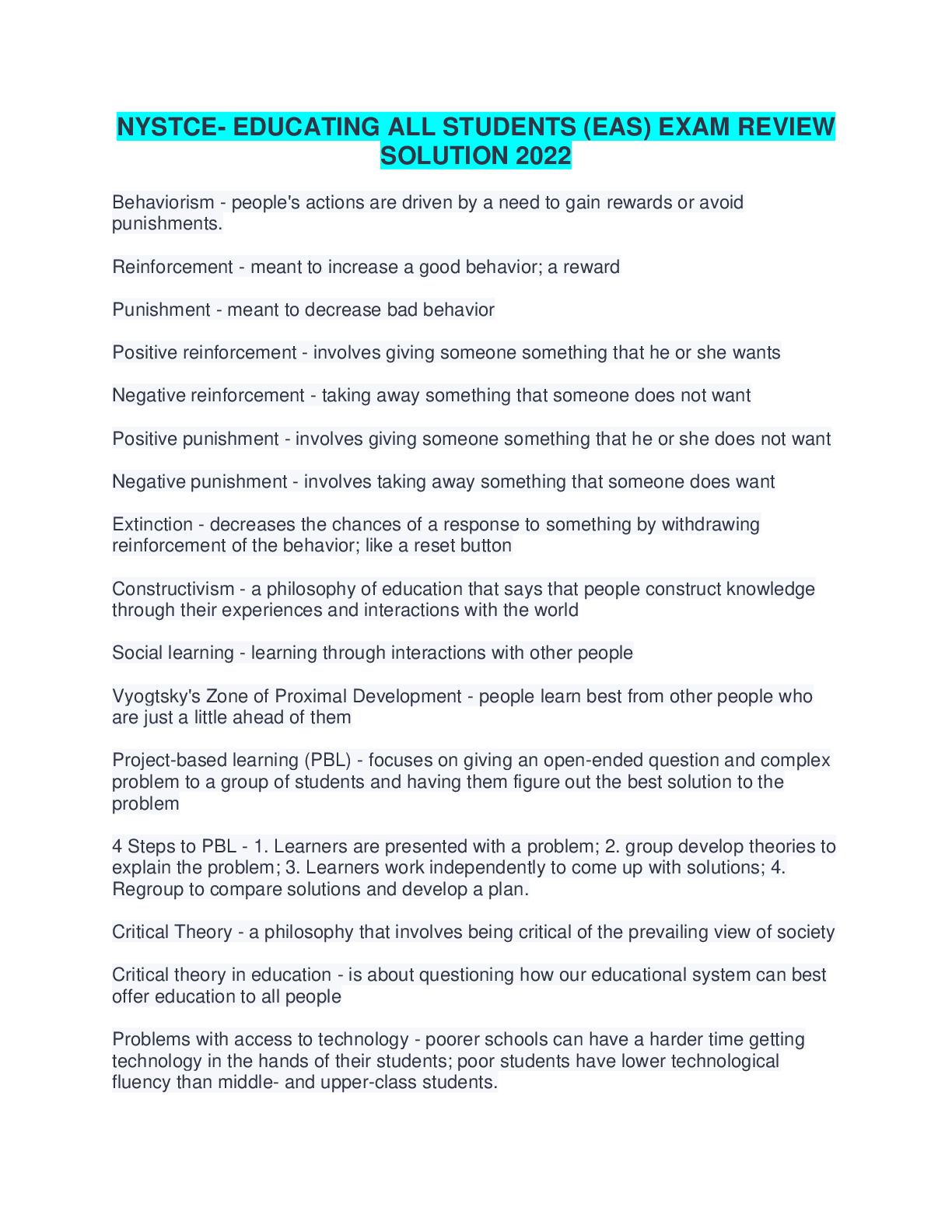 NYSTCE- EDUCATING ALL STUDENTS (EAS) EXAM REVIEW SOLUTION 2022 ...