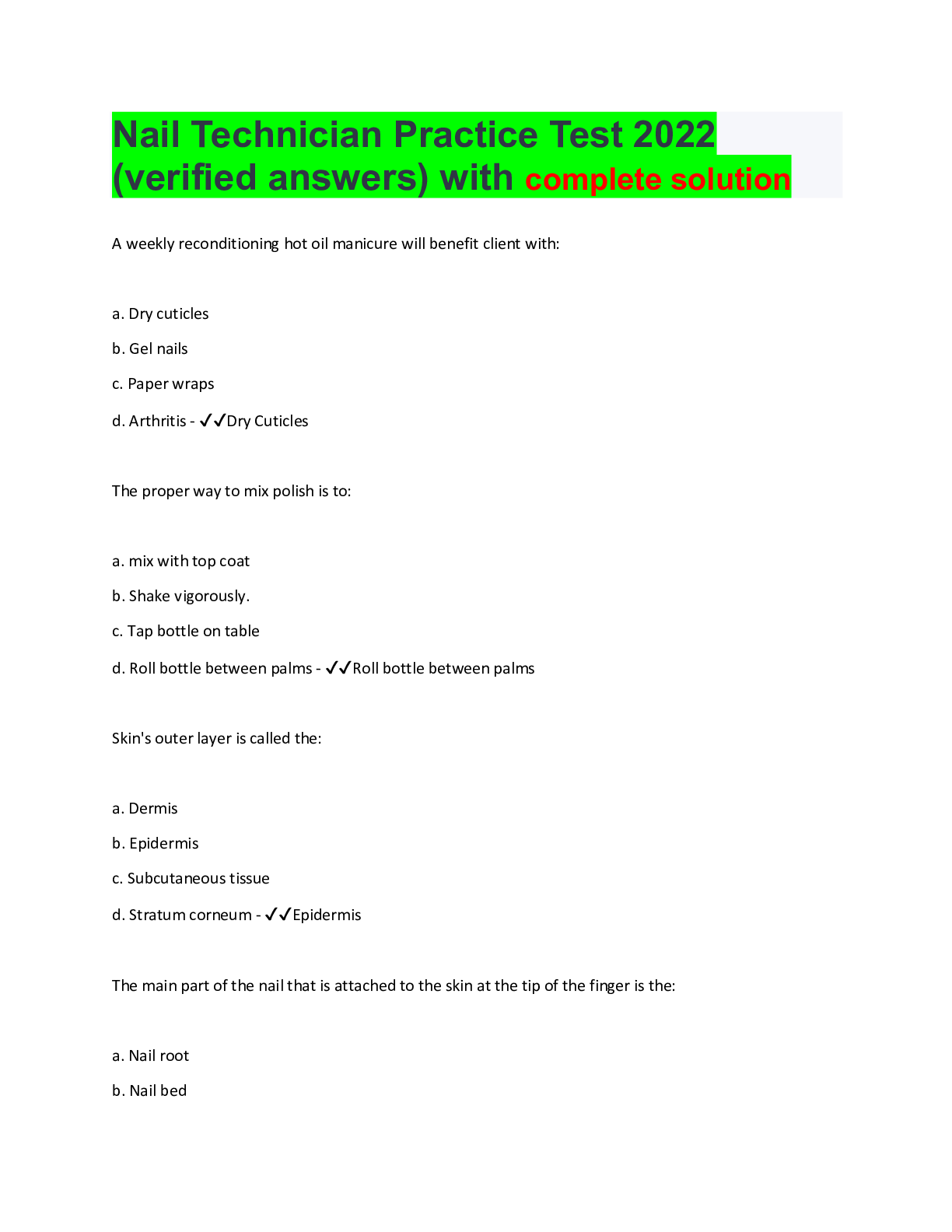 Nail Technician Practice Test with complete solution - Scholarfriends