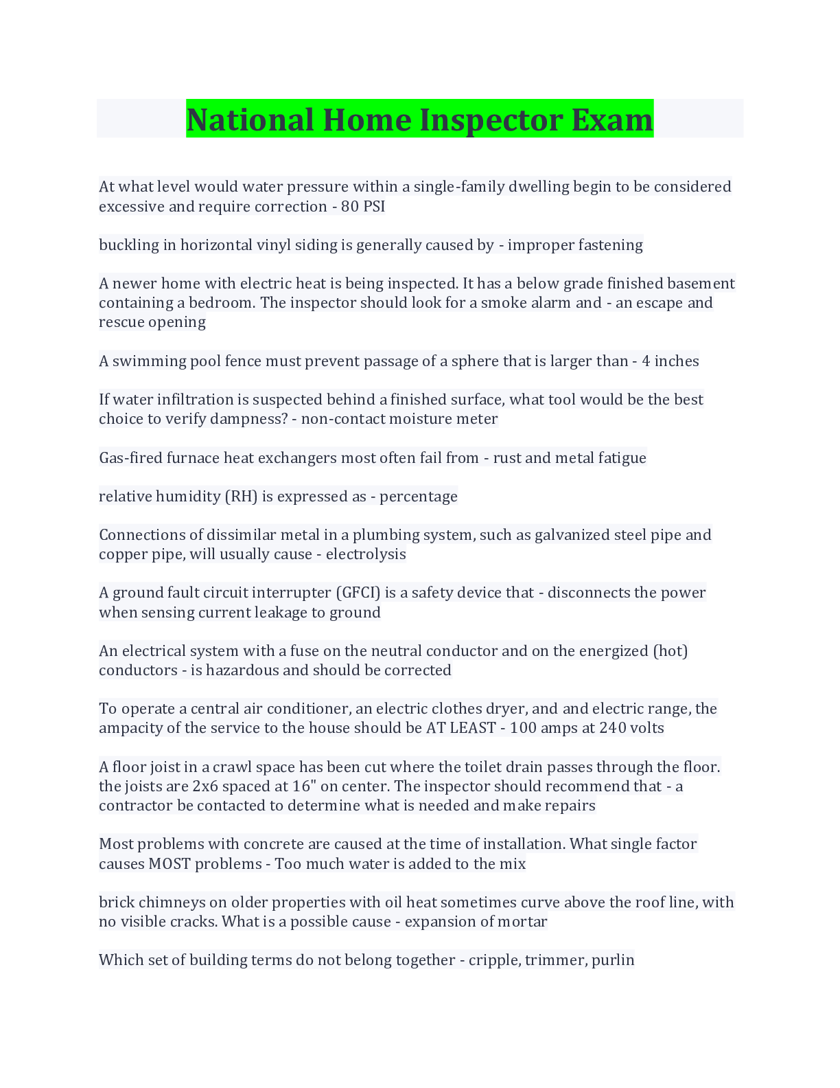 National Home Inspector Exam Questions And Answers / Download to score ...