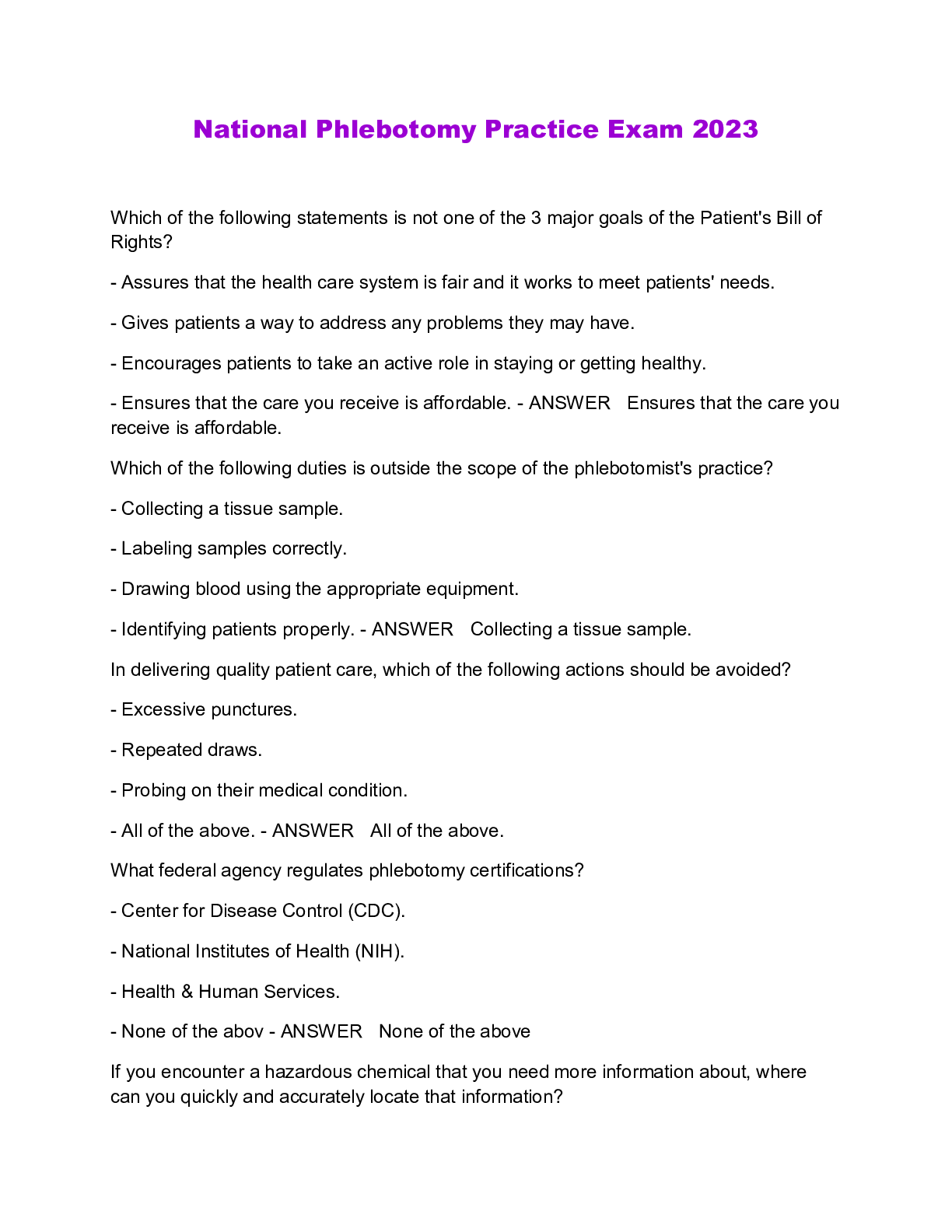National Phlebotomy Practice Exam 2023 | ScholarFriends