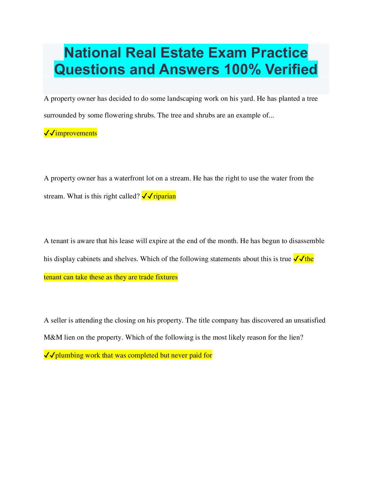 National Real Estate Exam Practice Questions and Answers 100% Verified ...