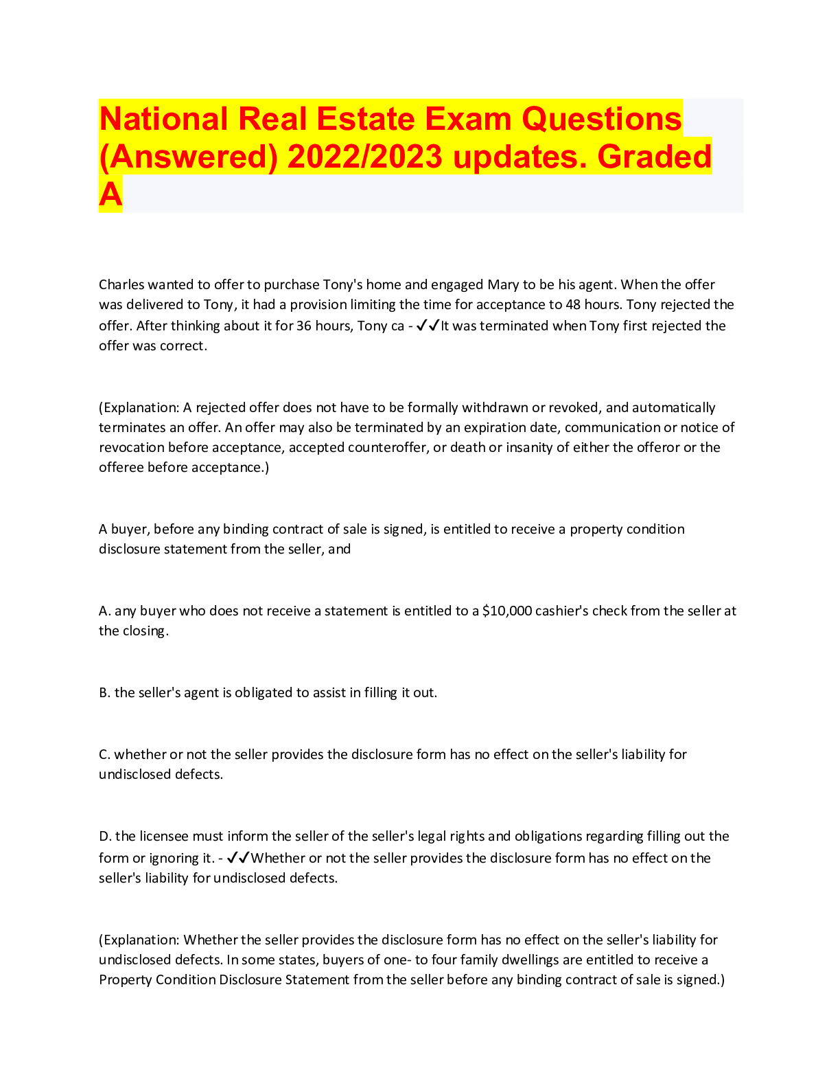 National Real Estate Exam Questions (Answered) 2022/2023 updates ...