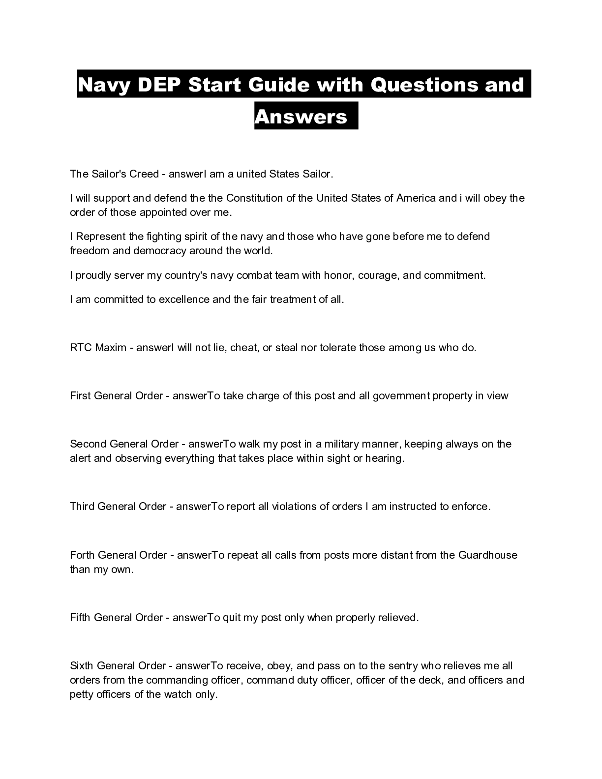 Navy DEP Start Guide with Questions and Answers - Scholarfriends