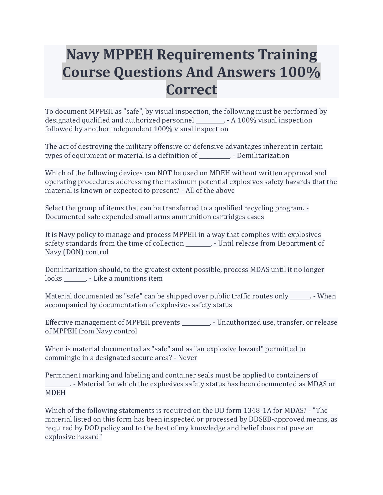 Navy MPPEH Requirements Training Course Questions And Answers 100% ...