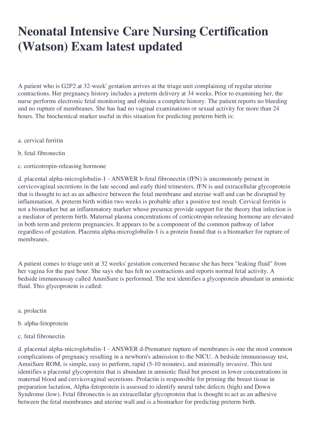 RNC-NIC (Neonatal Intensive Care Nursing Certification) (Watson) Exam ...