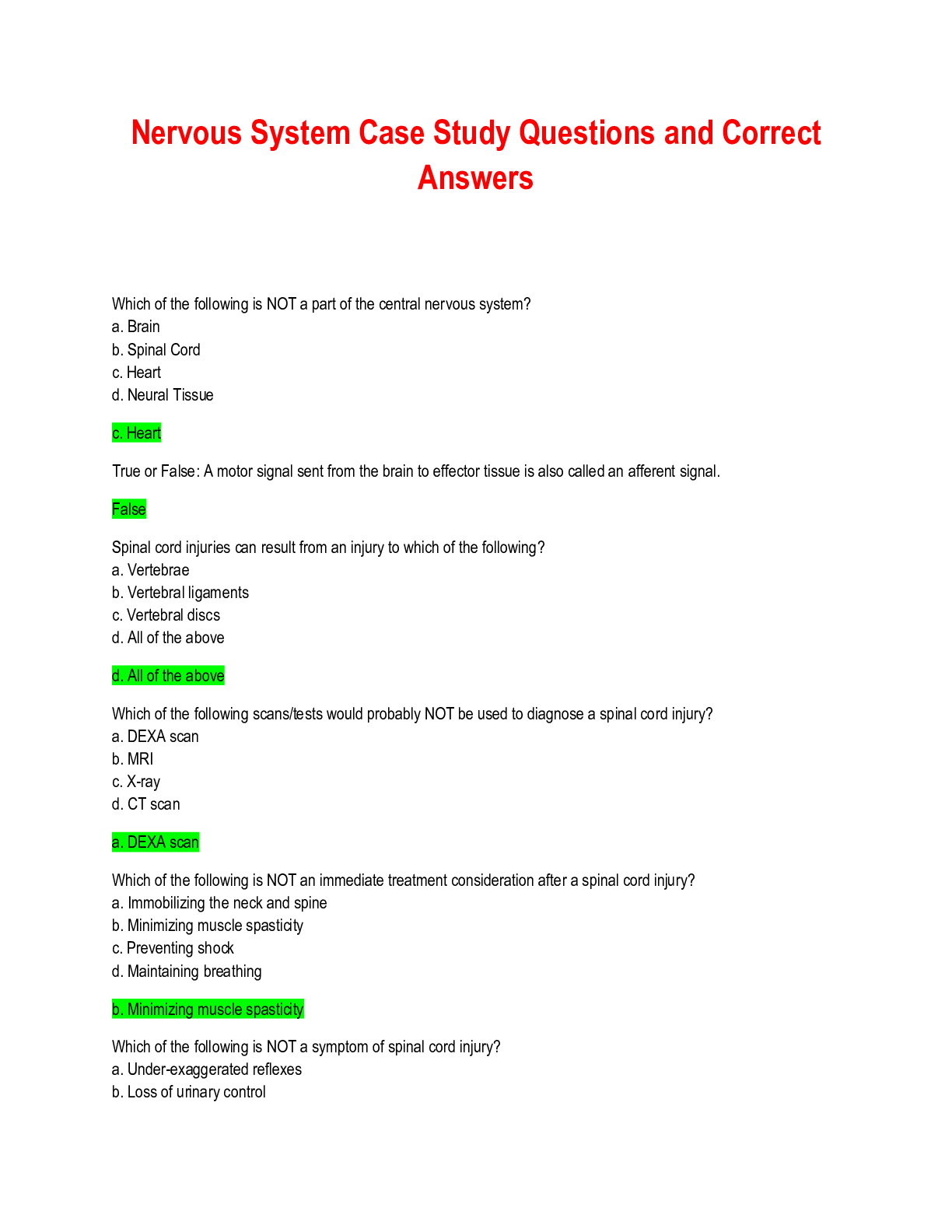 Nervous System Case Study Questions and Correct Answers - Scholarfriends