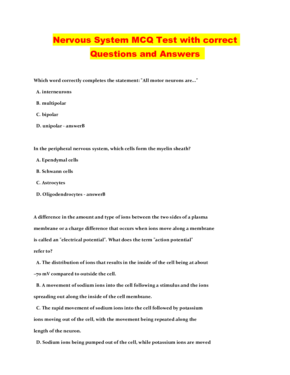 Nervous System MCQ Test with correct Questions and Answers ...