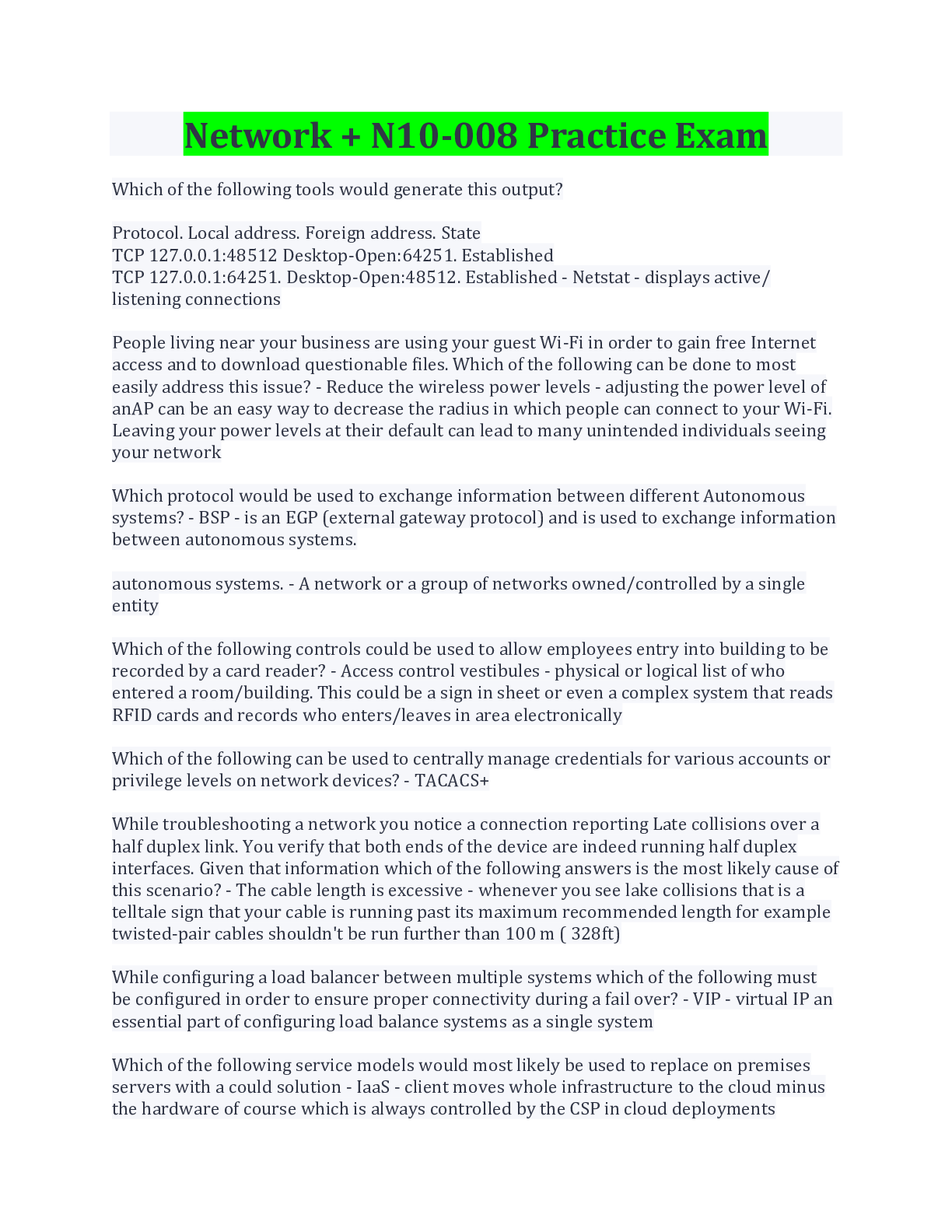 Network + N10-008 Practice Exam Questions And Answers - Scholarfriends