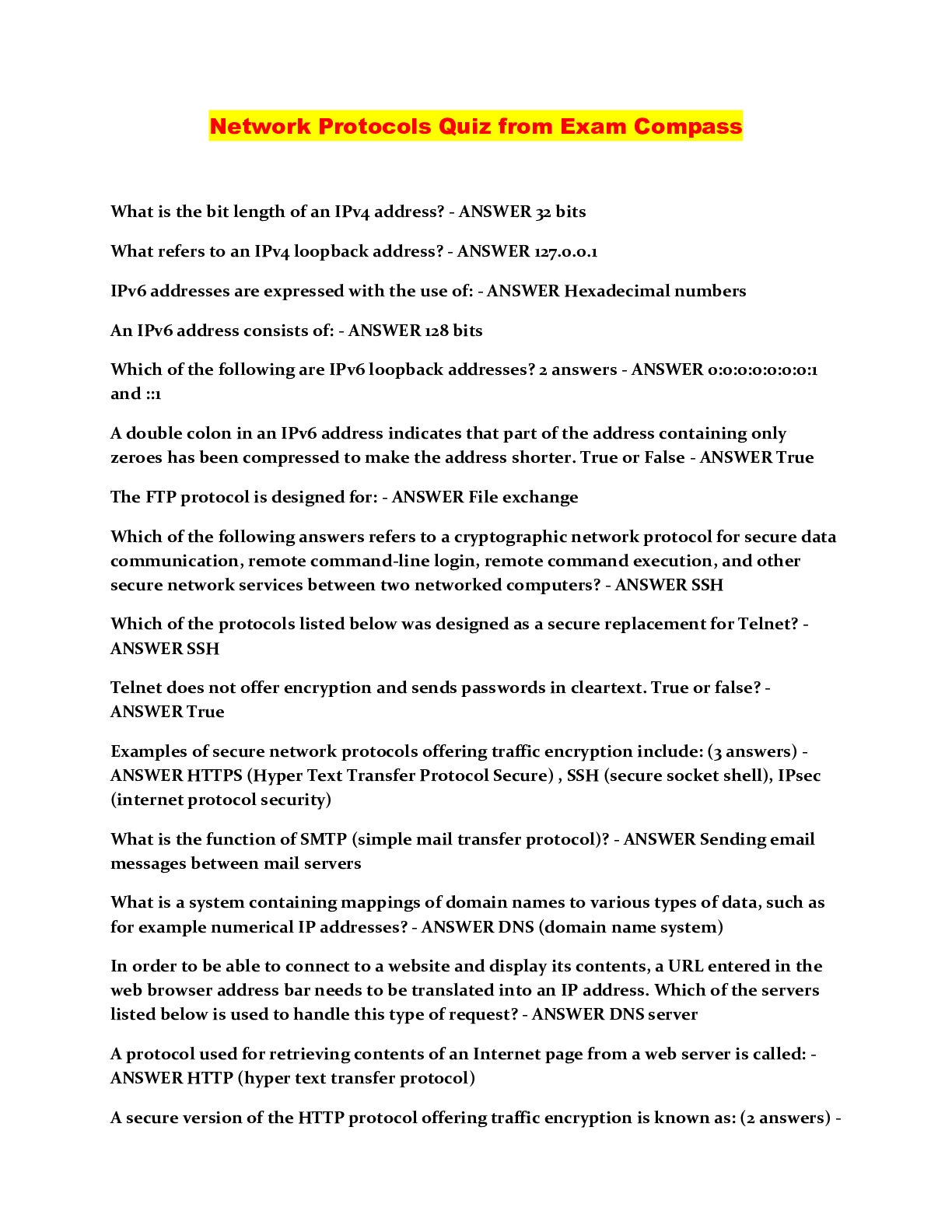 Network Protocols Quiz from Exam Compass - Scholarfriends