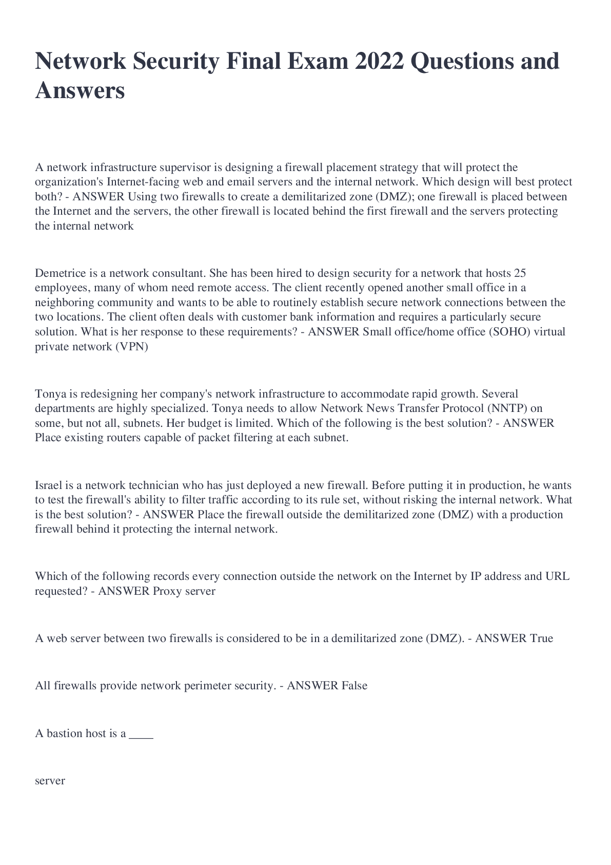 Network Security Final Exam 2022 Questions and Answers - Scholarfriends
