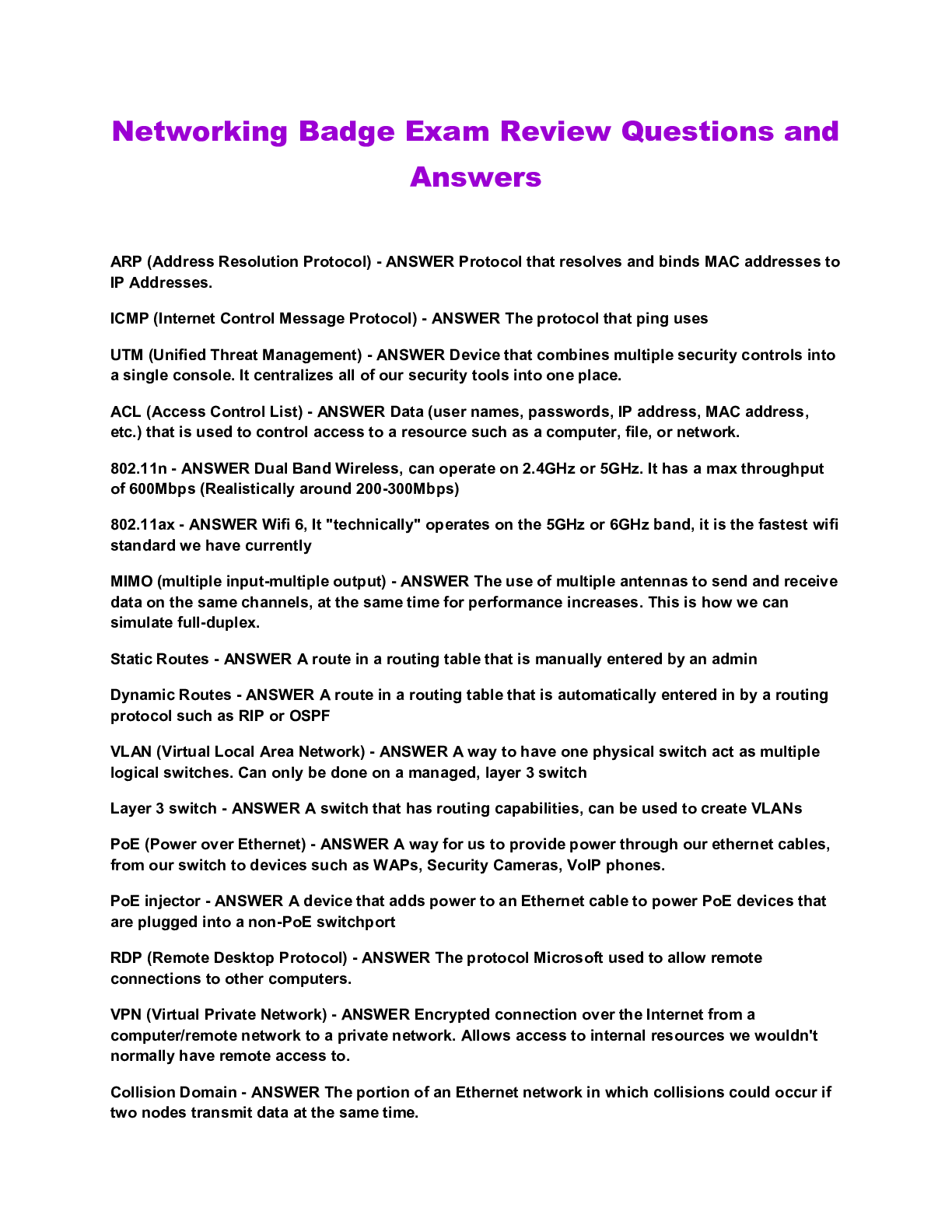 Networking Badge Exam Review Questions and Answers - Scholarfriends